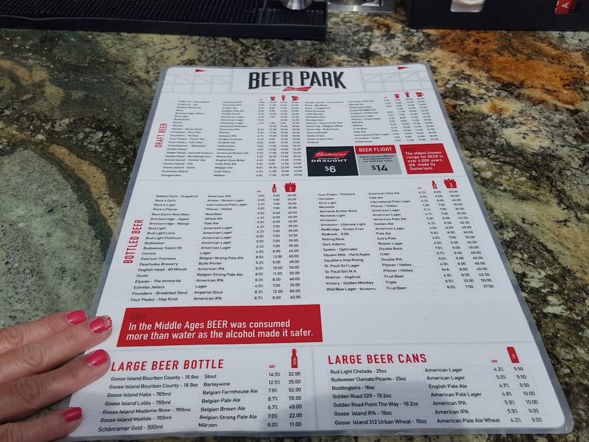 Menu at Beer Park pub & bar, Las Vegas, S Las Vegas Blvd