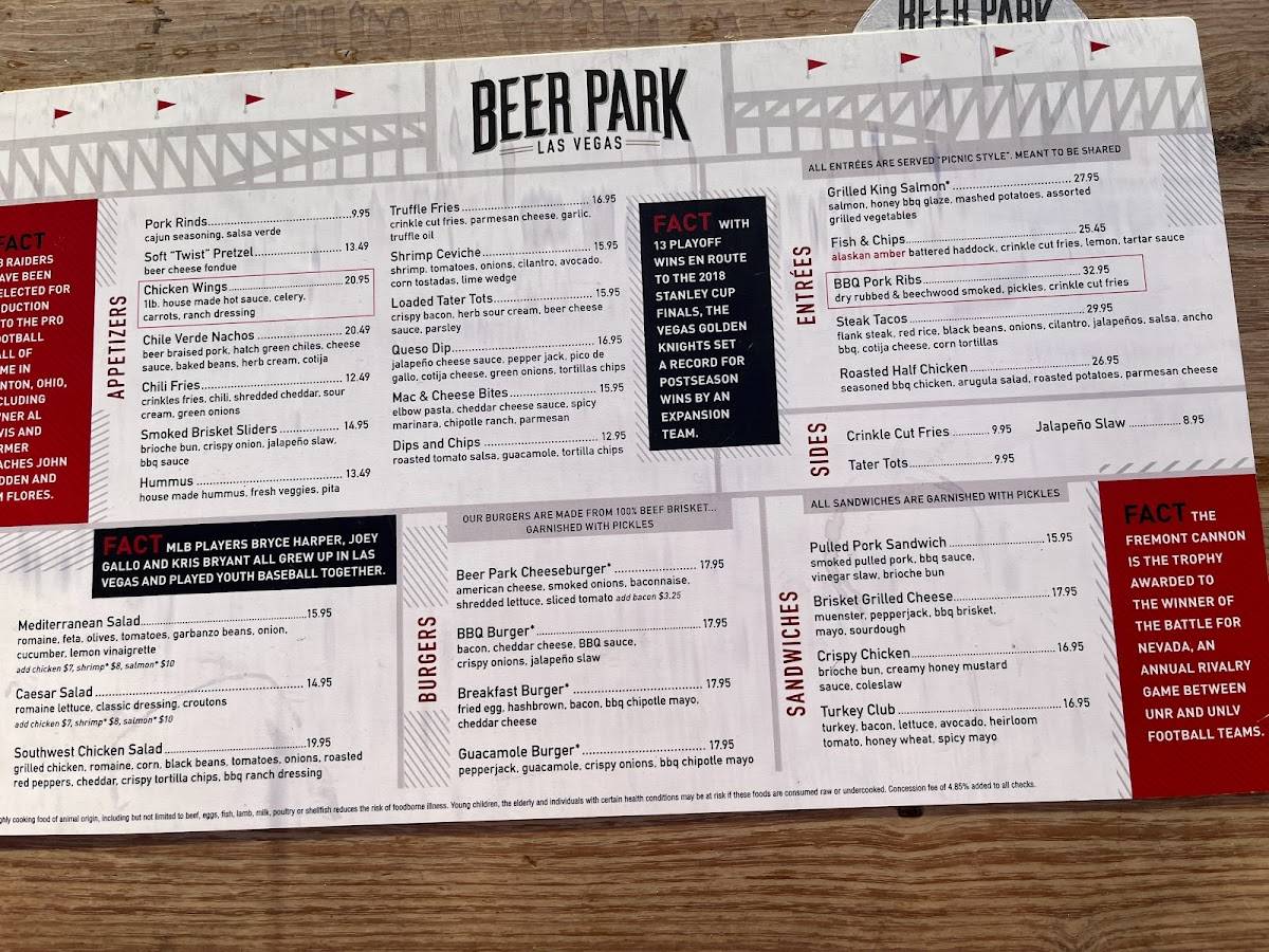 Menu at Beer Park pub & bar, Las Vegas, S Las Vegas Blvd