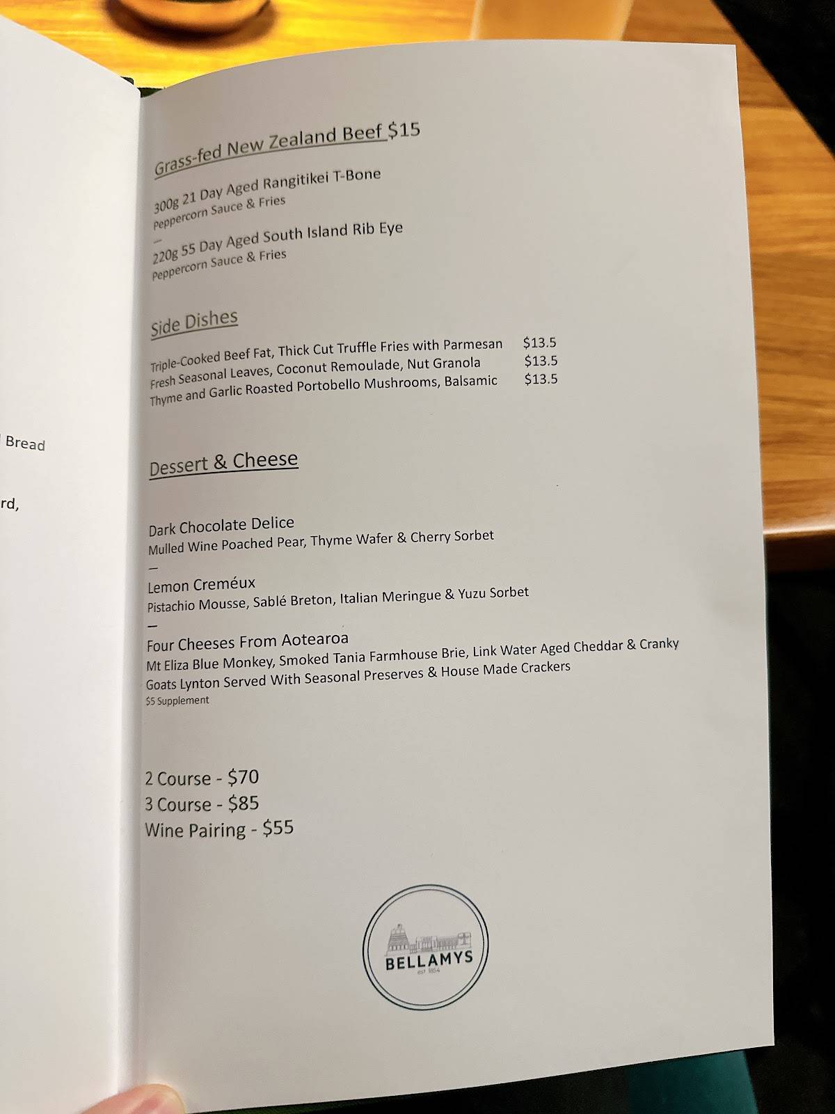 Menu at Bellamys restaurant, Wellington