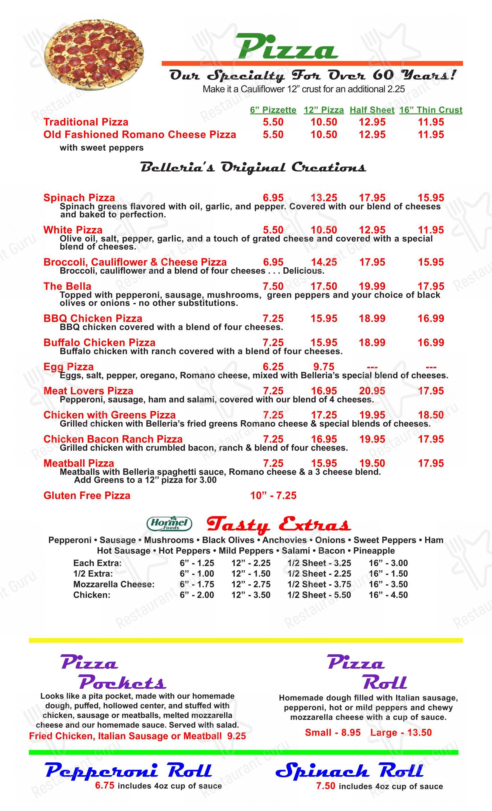 Menu at Belleria Boardman pizzeria, Boardman, Market St