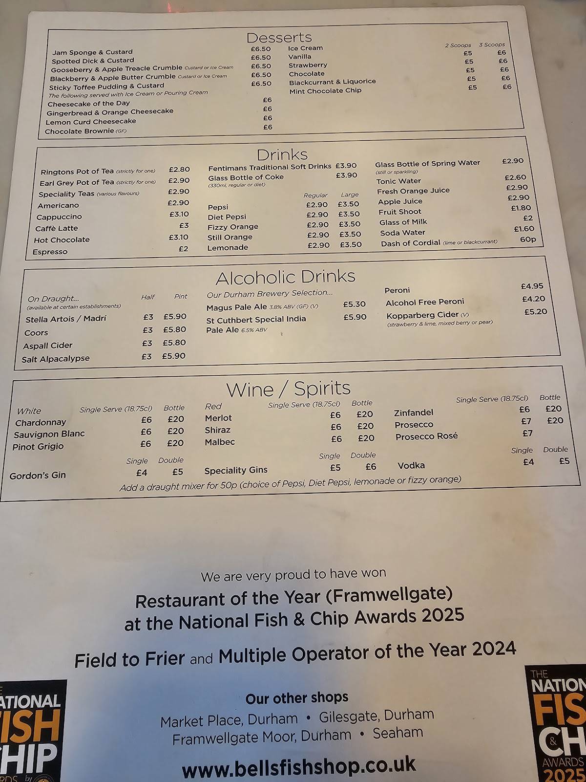 Menu at Bells Fish and Chips restaurant, Seaham