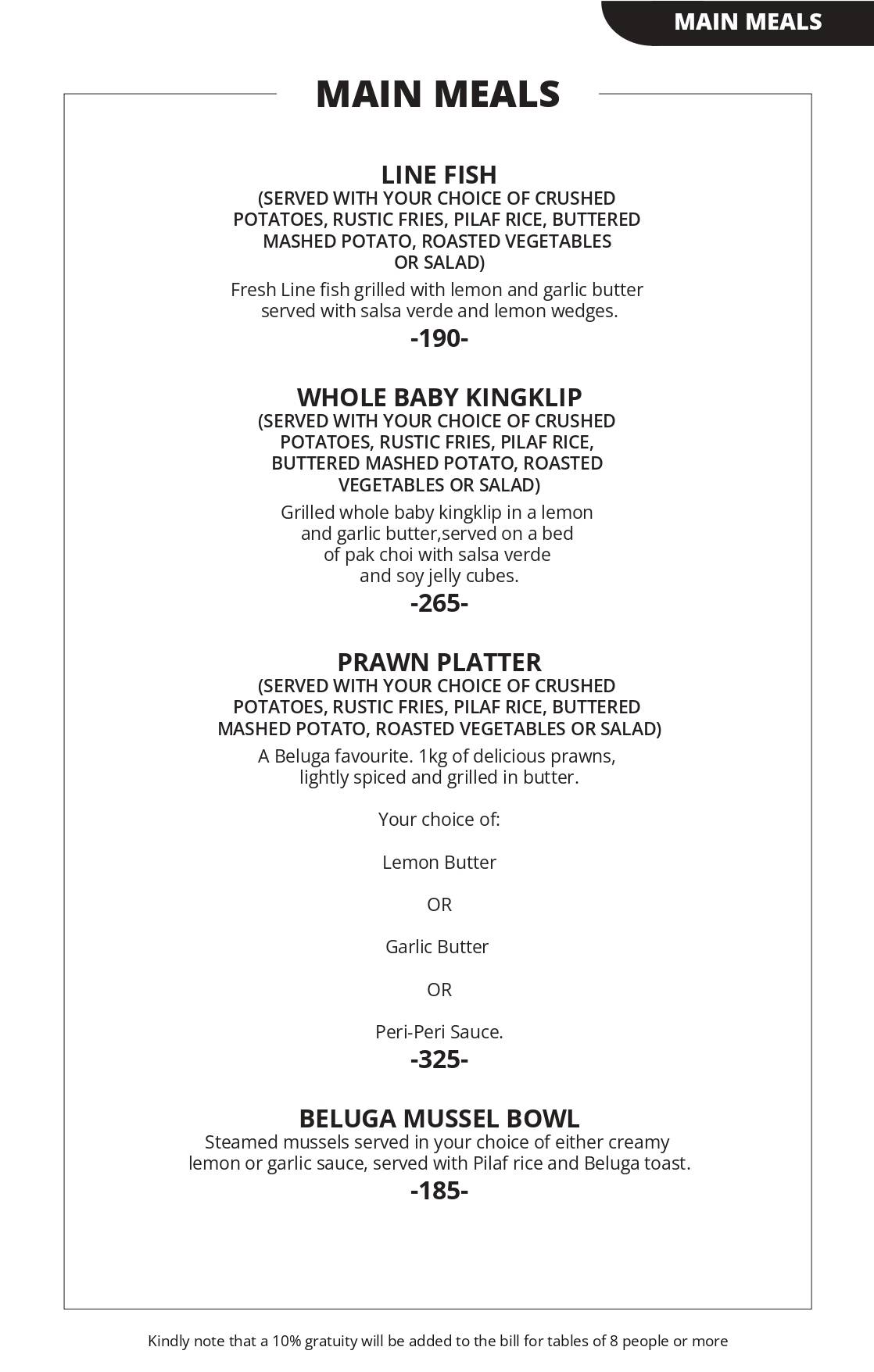 Menu at Beluga Cape Town restaurant, Cape Town