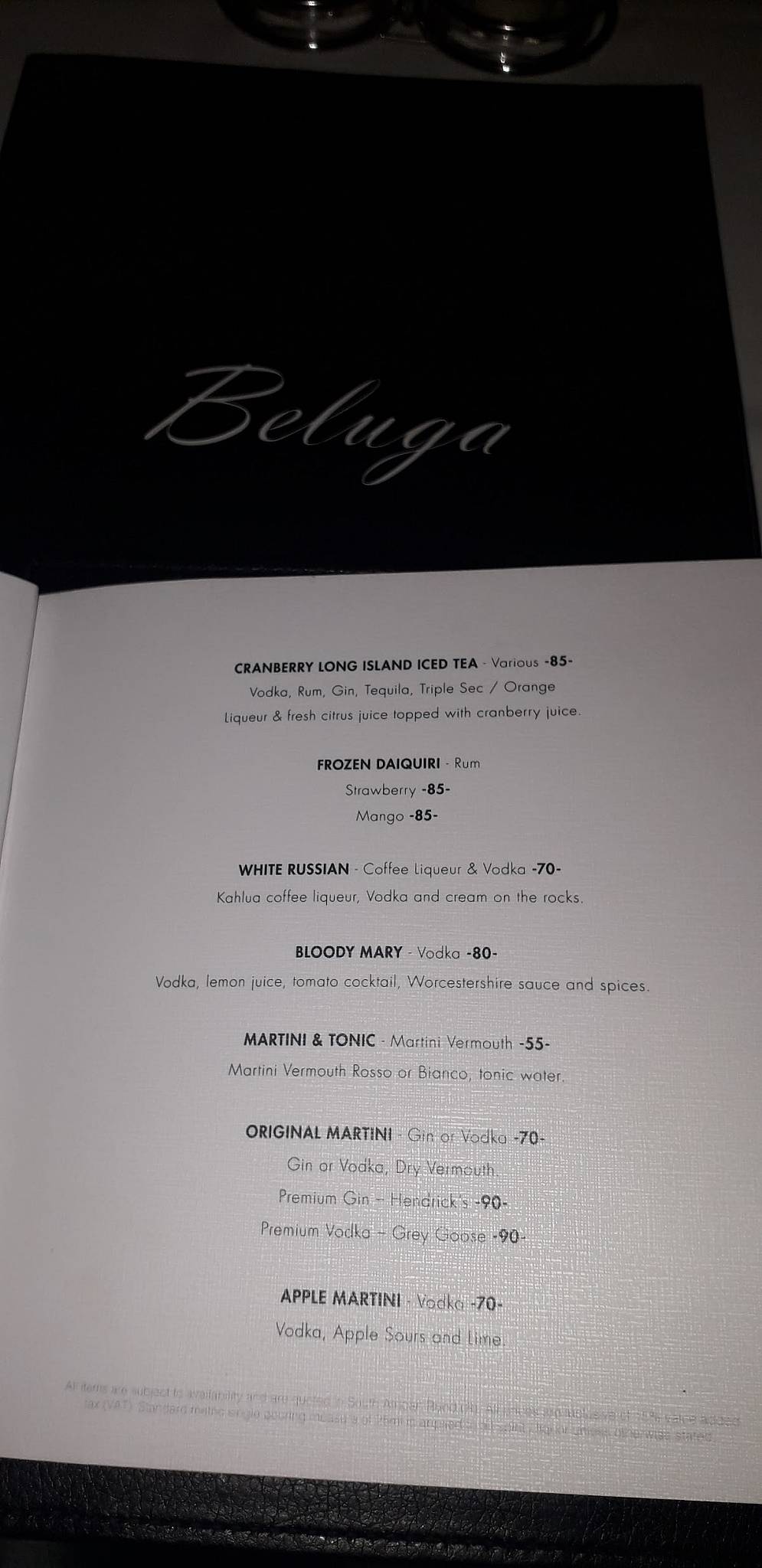 Menu at Beluga Cape Town restaurant, Cape Town