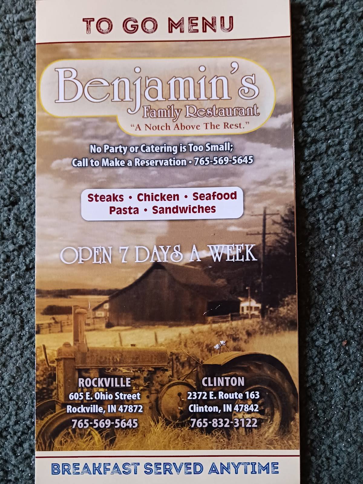 Menu at Benjamin's Family Dining restaurant, Clinton