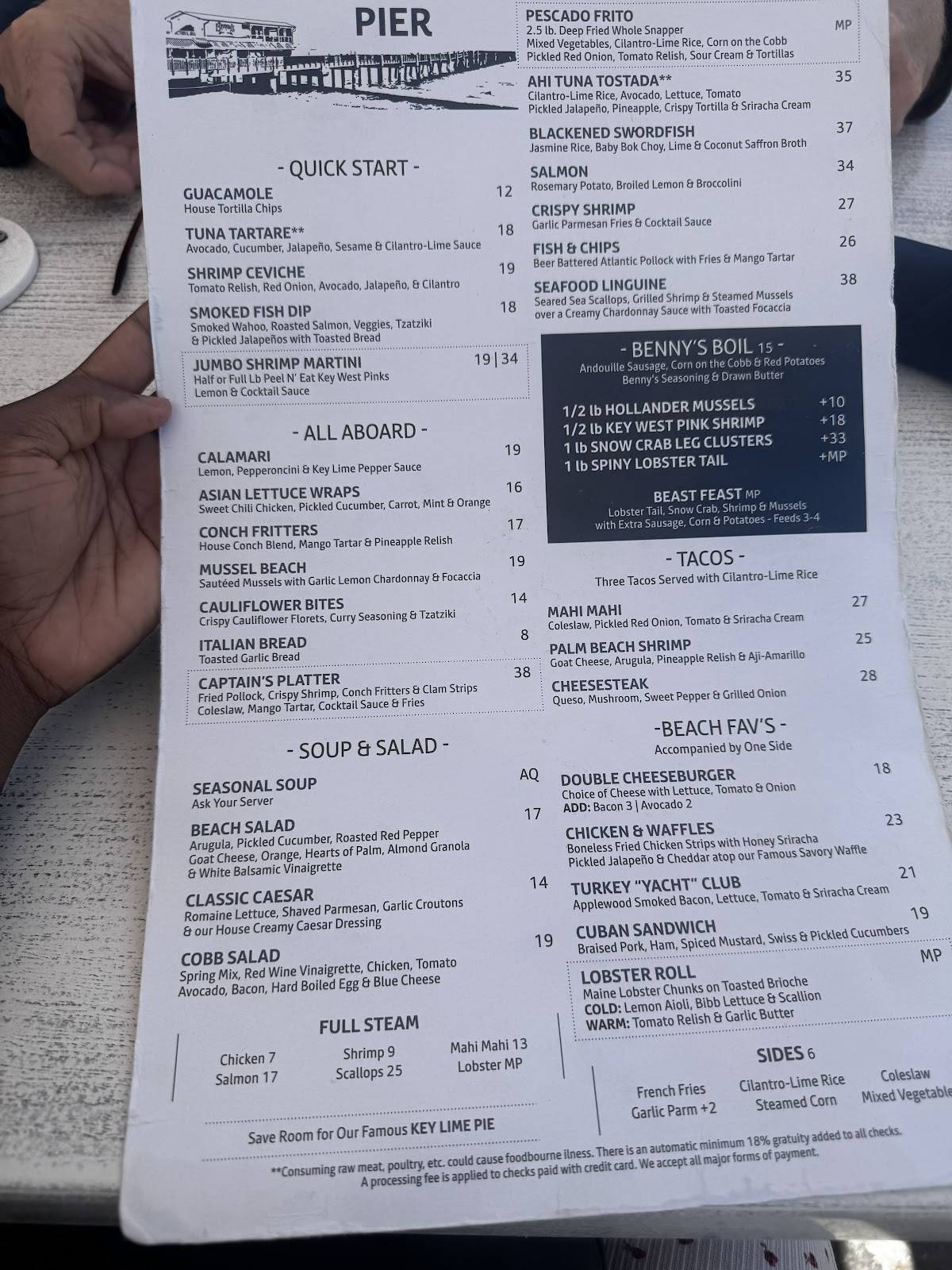 Menu at Benny's On The Beach - Pier pub & bar, Lake Worth
