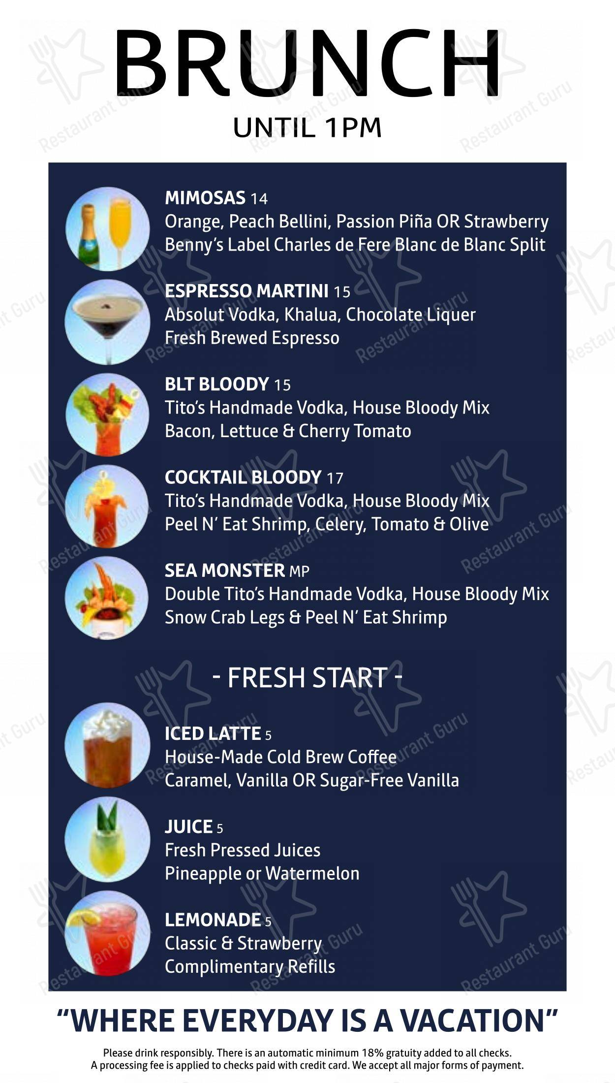 Menu at Benny's On The Beach - Pier pub & bar, Lake Worth