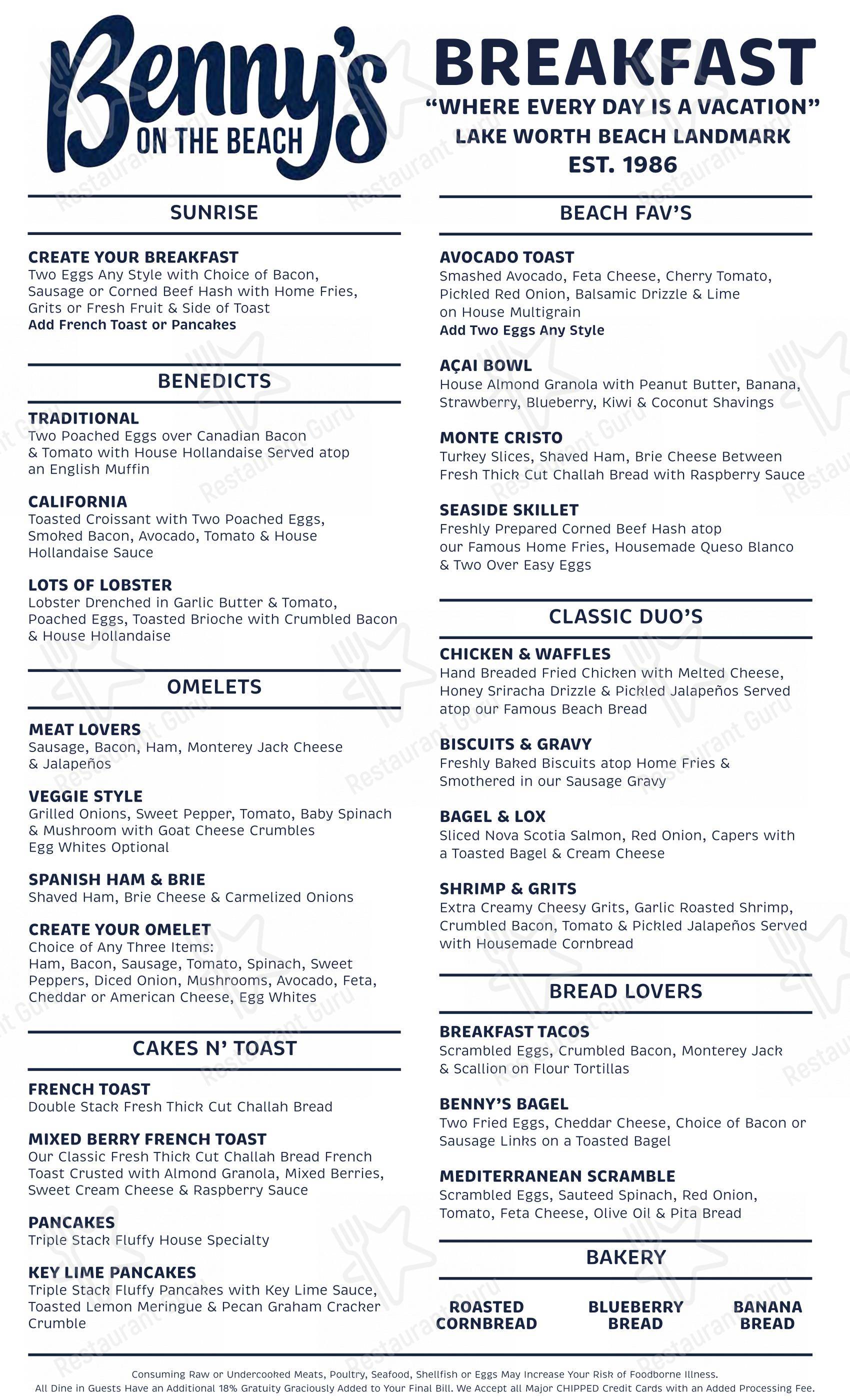 Menu at Benny's On The Beach - Pier pub & bar, Lake Worth