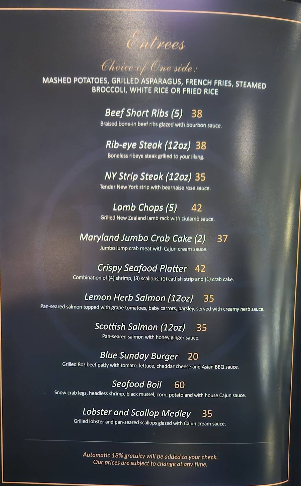 Menu at Blue Sunday Bar & Grill, Bensalem