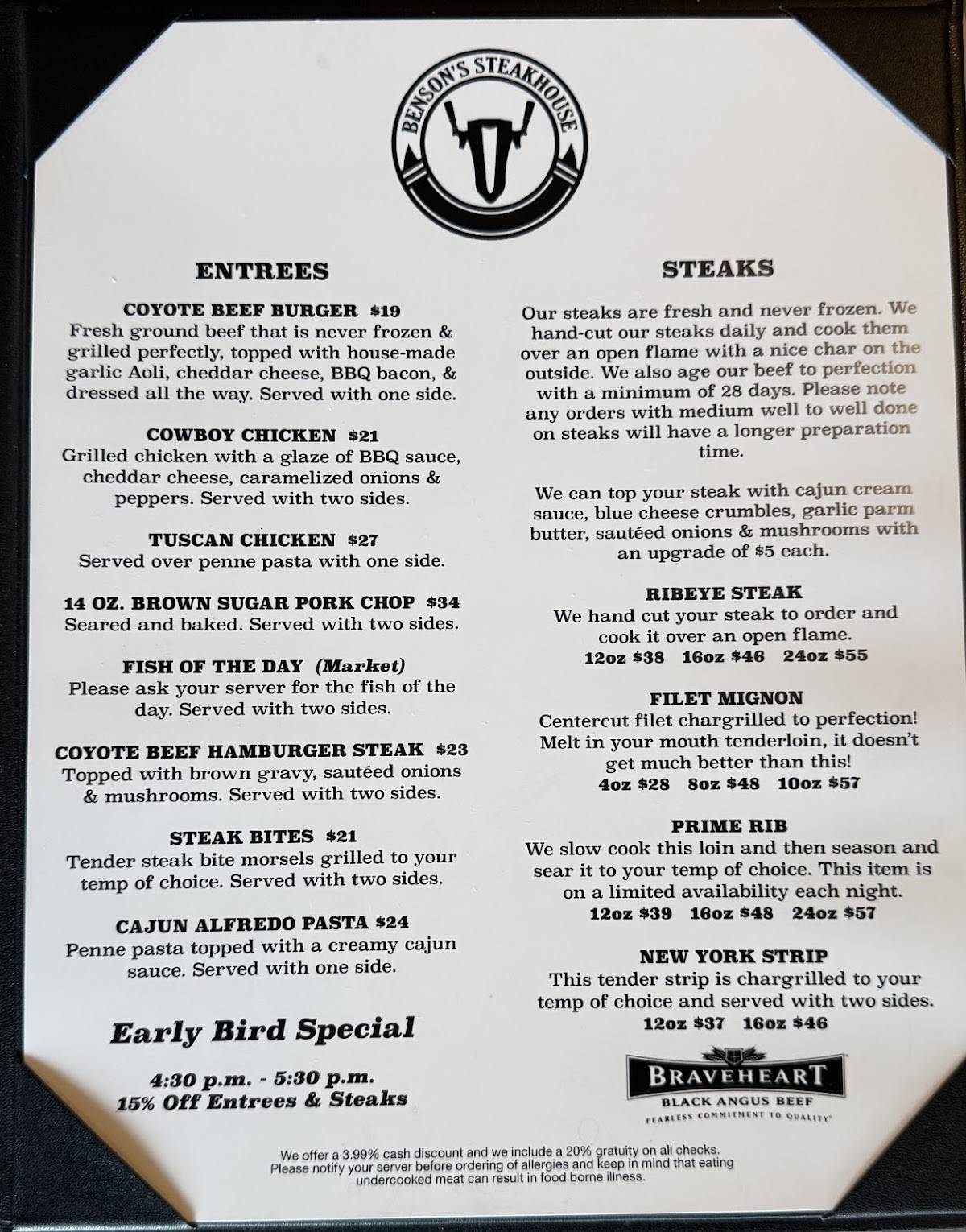 Menu at Benson’s Steakhouse, Hattiesburg