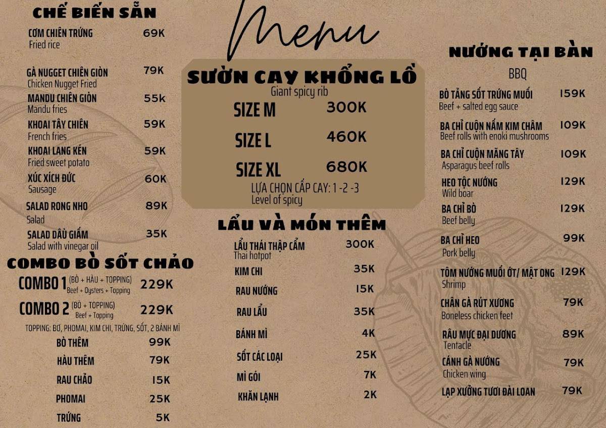 Menu at Bếp Khói - Sườn Cay Khổng Lồ Đà Lạt restaurant, Dalat