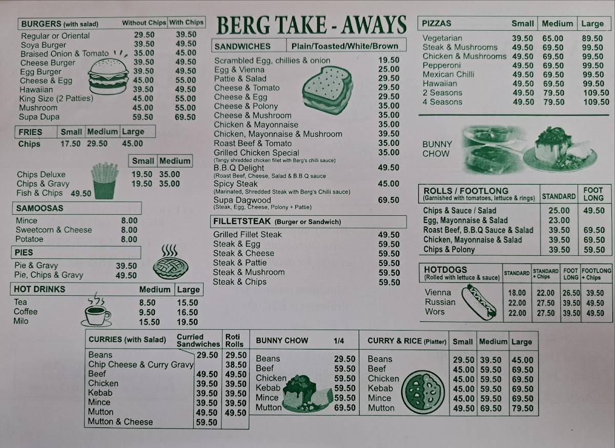 Menu at Berg Take-Aways cafe, Pietermaritzburg