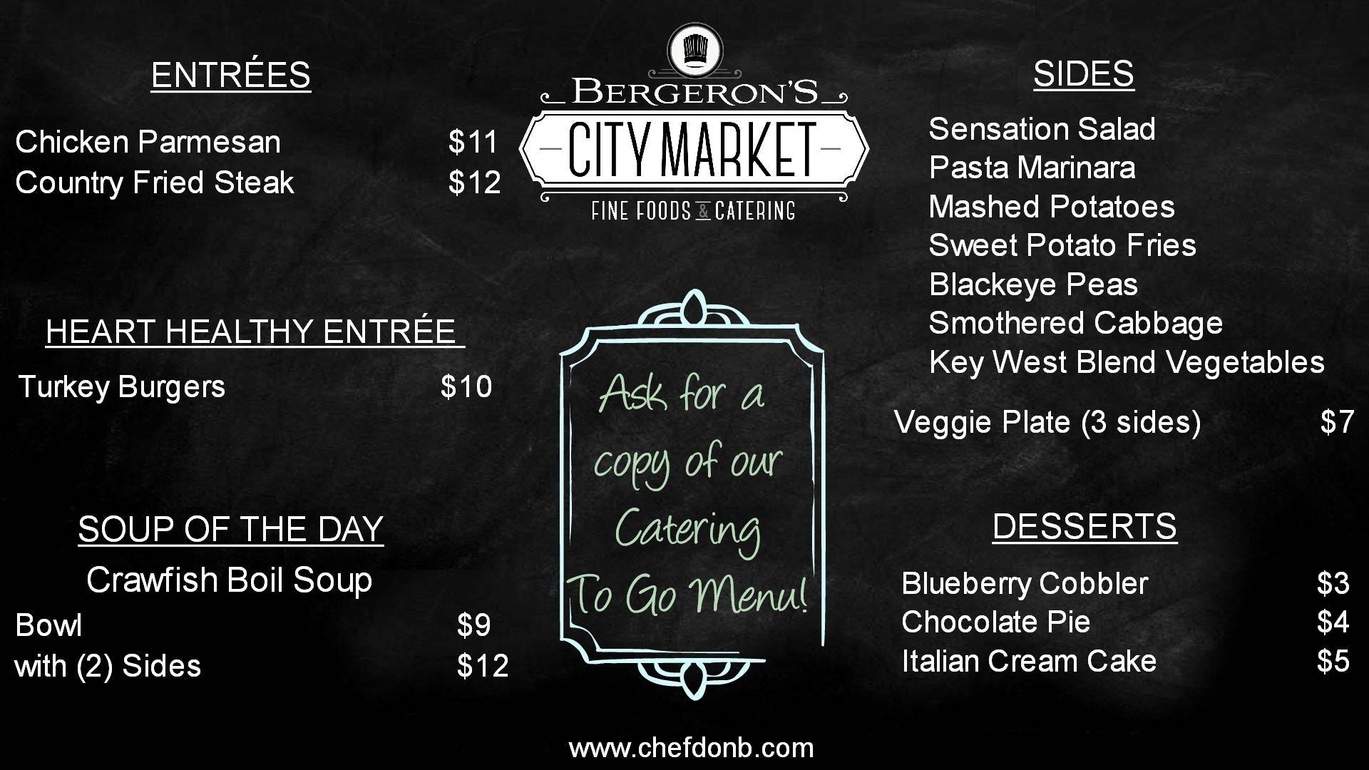 Menu at Bergeron's City Market cafeteria, Baton Rouge, Jefferson Hwy