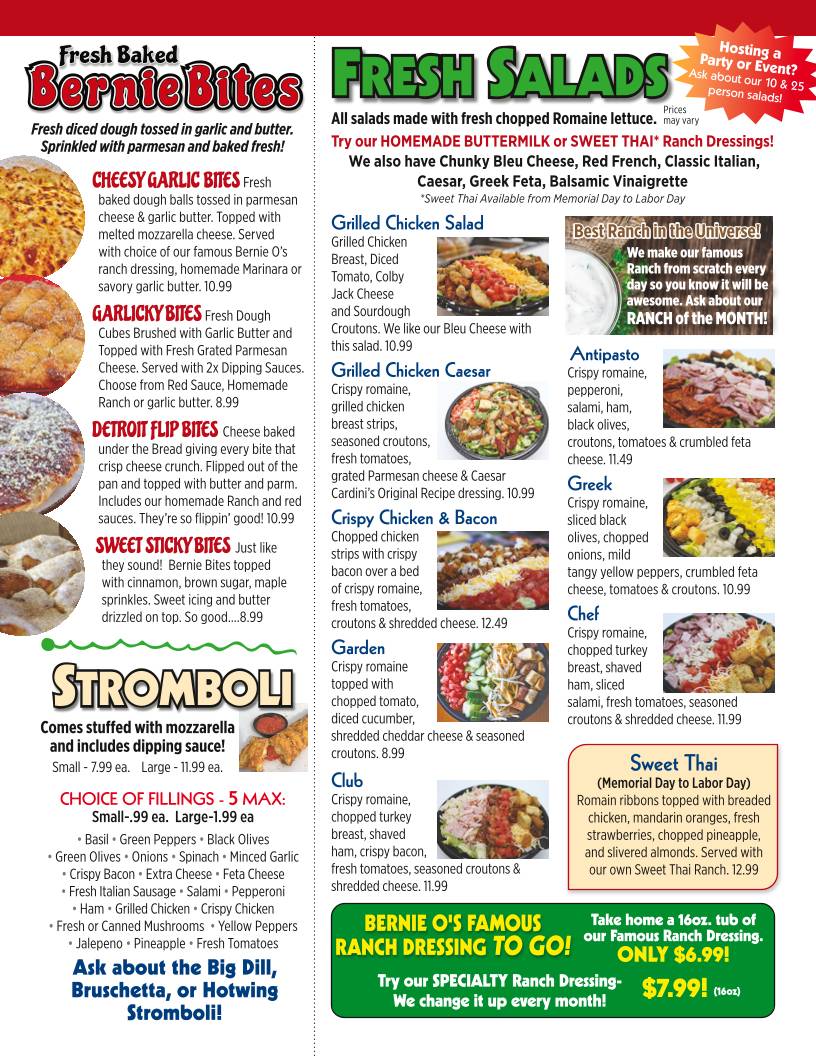 Menu at Bernie O's Pizza pizzeria, North Muskegon, 321 Center St