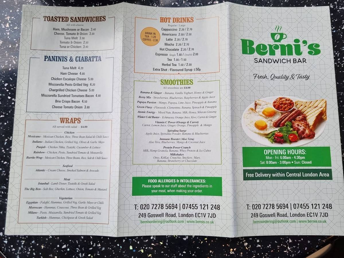 Menu at Berni's Sandwich Bar, London