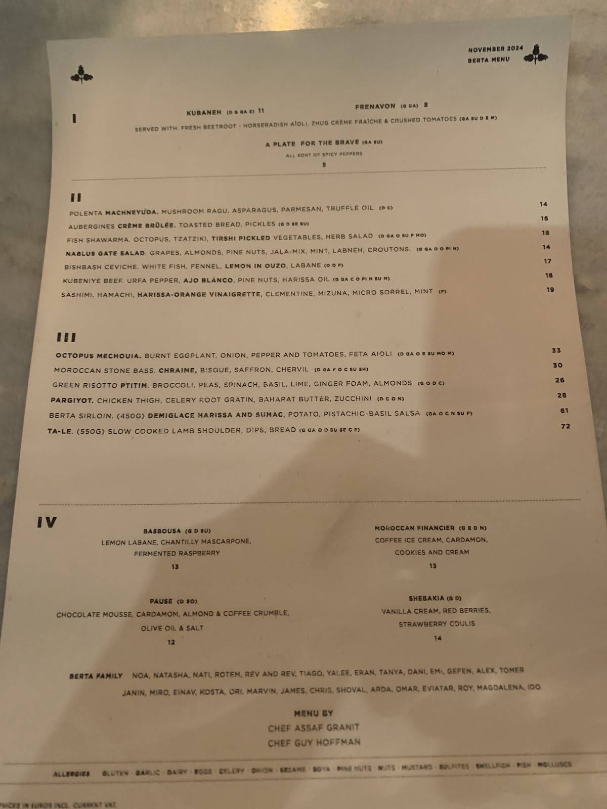 Speisekarte von Berta restaurant, Berlin, Stresemannstraße 99
