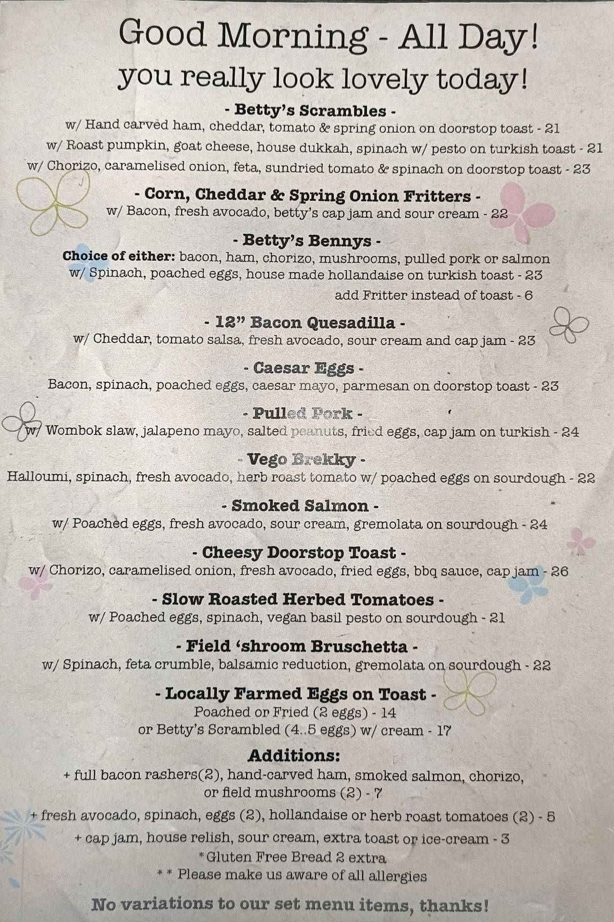 Menu at Betty Blue & The Lemon Tart restaurant, Townsville City, Suite ...