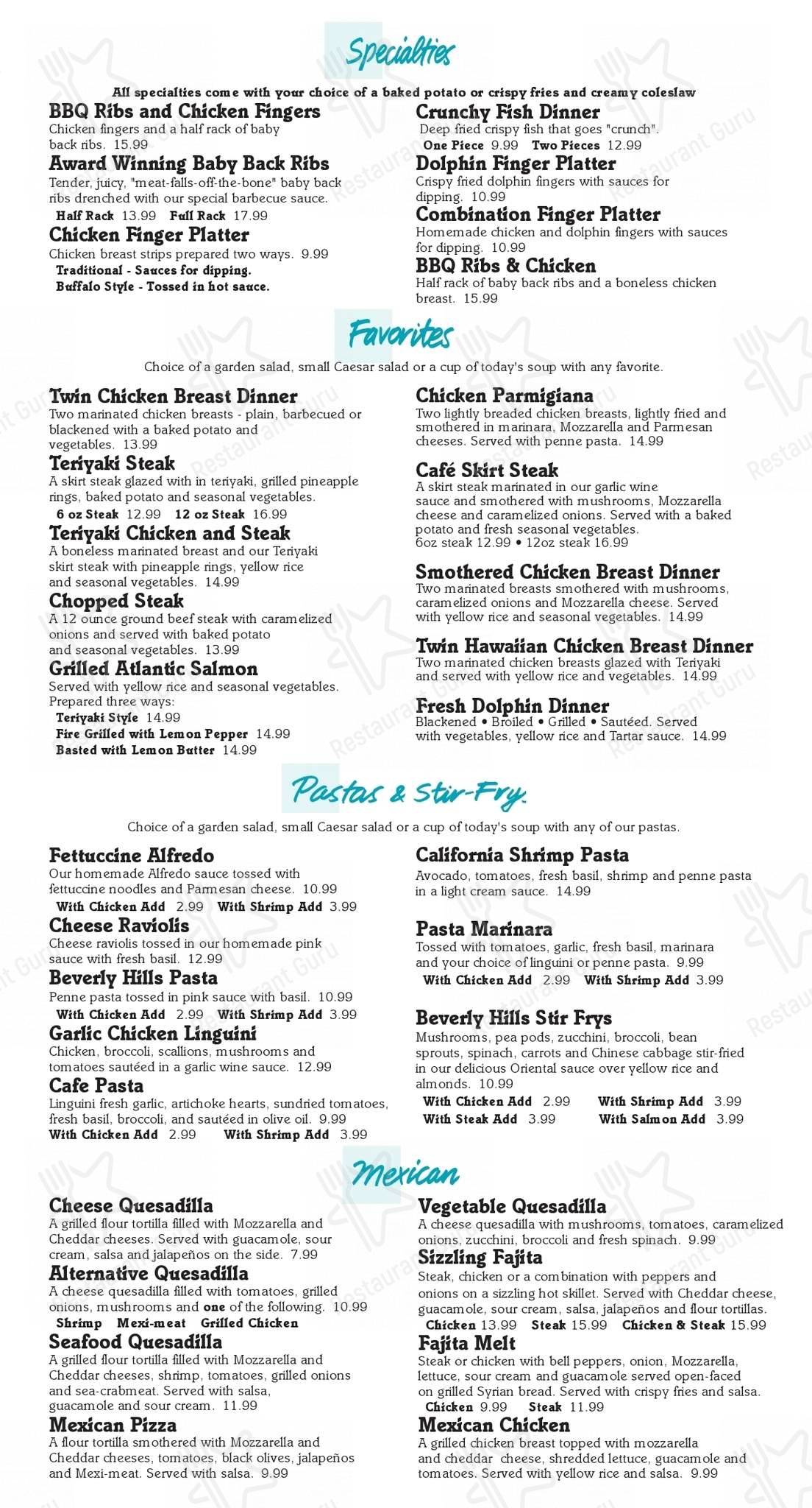 Menu at Beverly Hills Cafe, Davie, Cleary Blvd