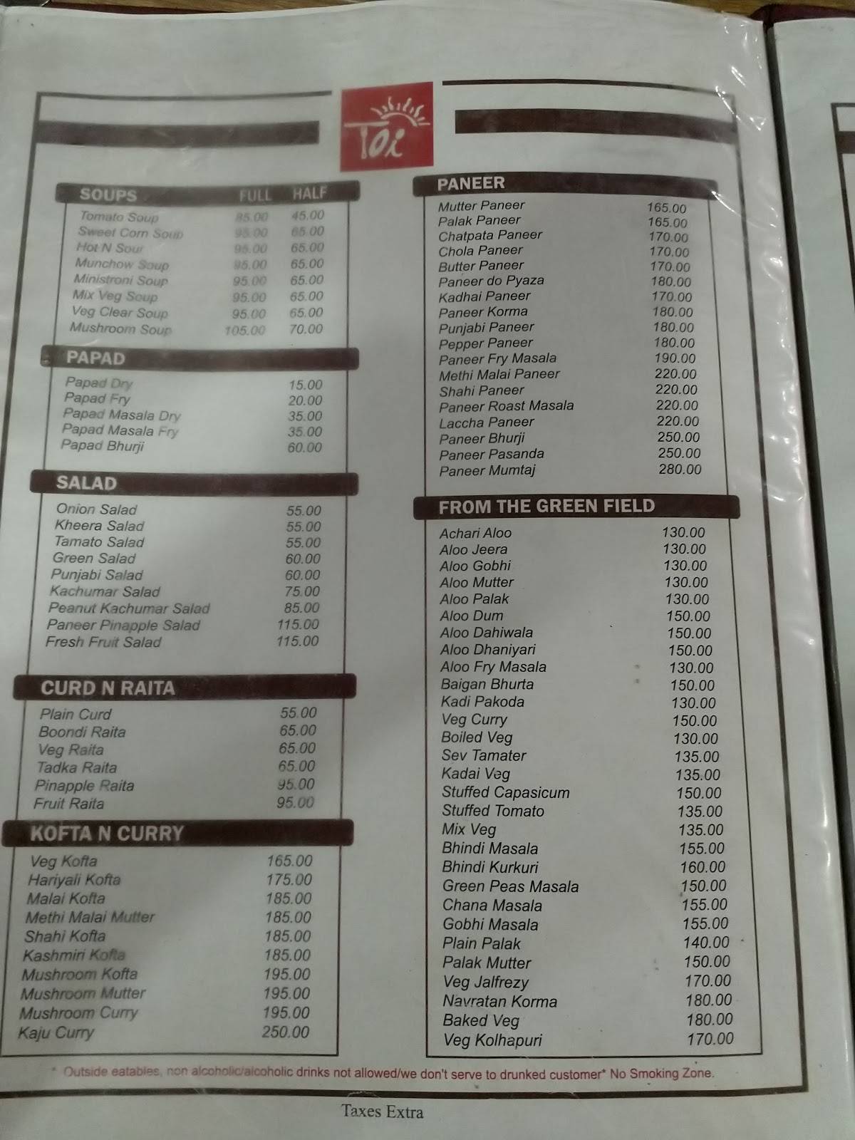 Menu at Taste of India Veg Restaurant Caterer Bhopal, Bhopal