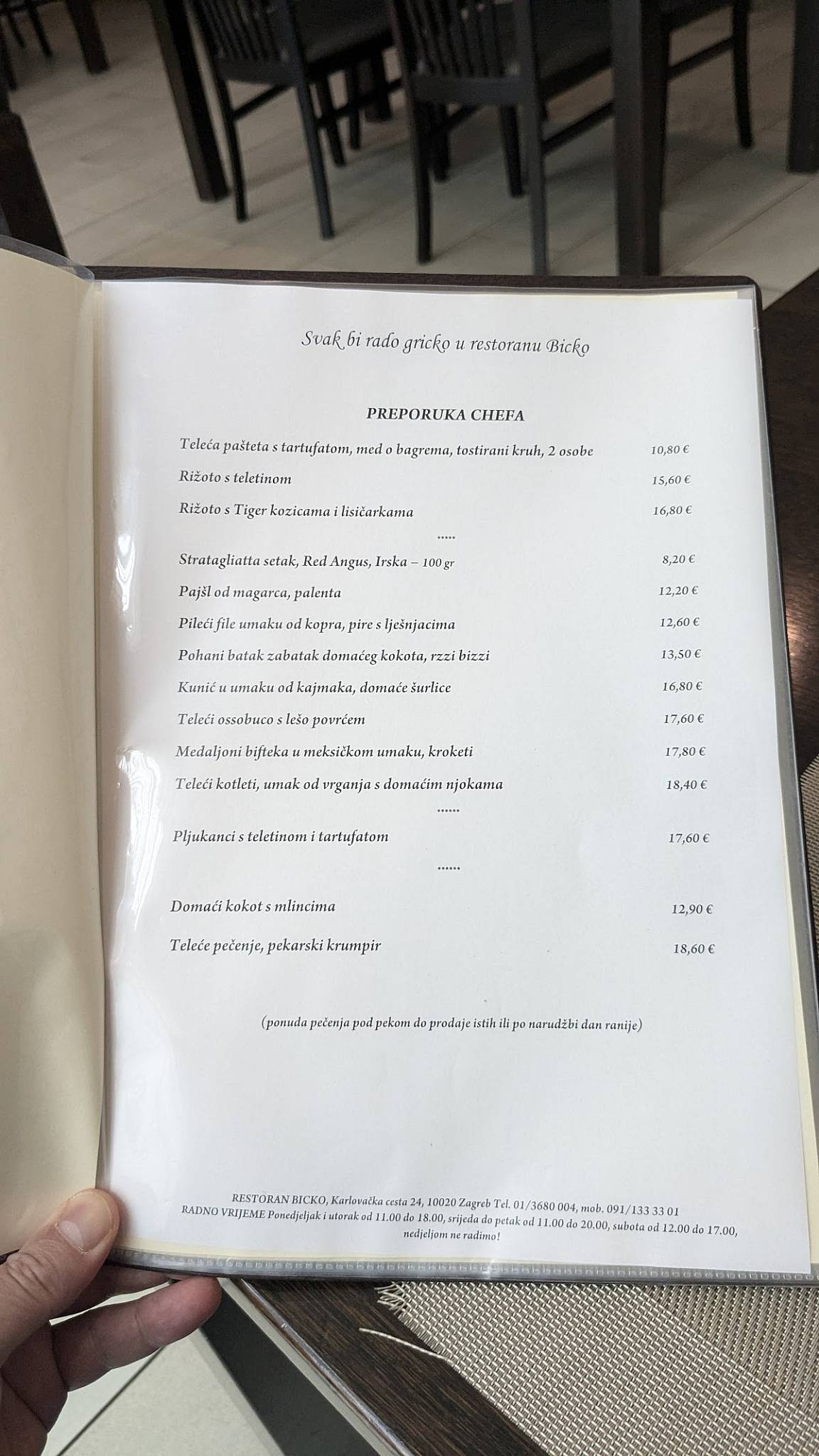 Menu at Bicko restaurant, Zagreb, Karlovačka cesta 24