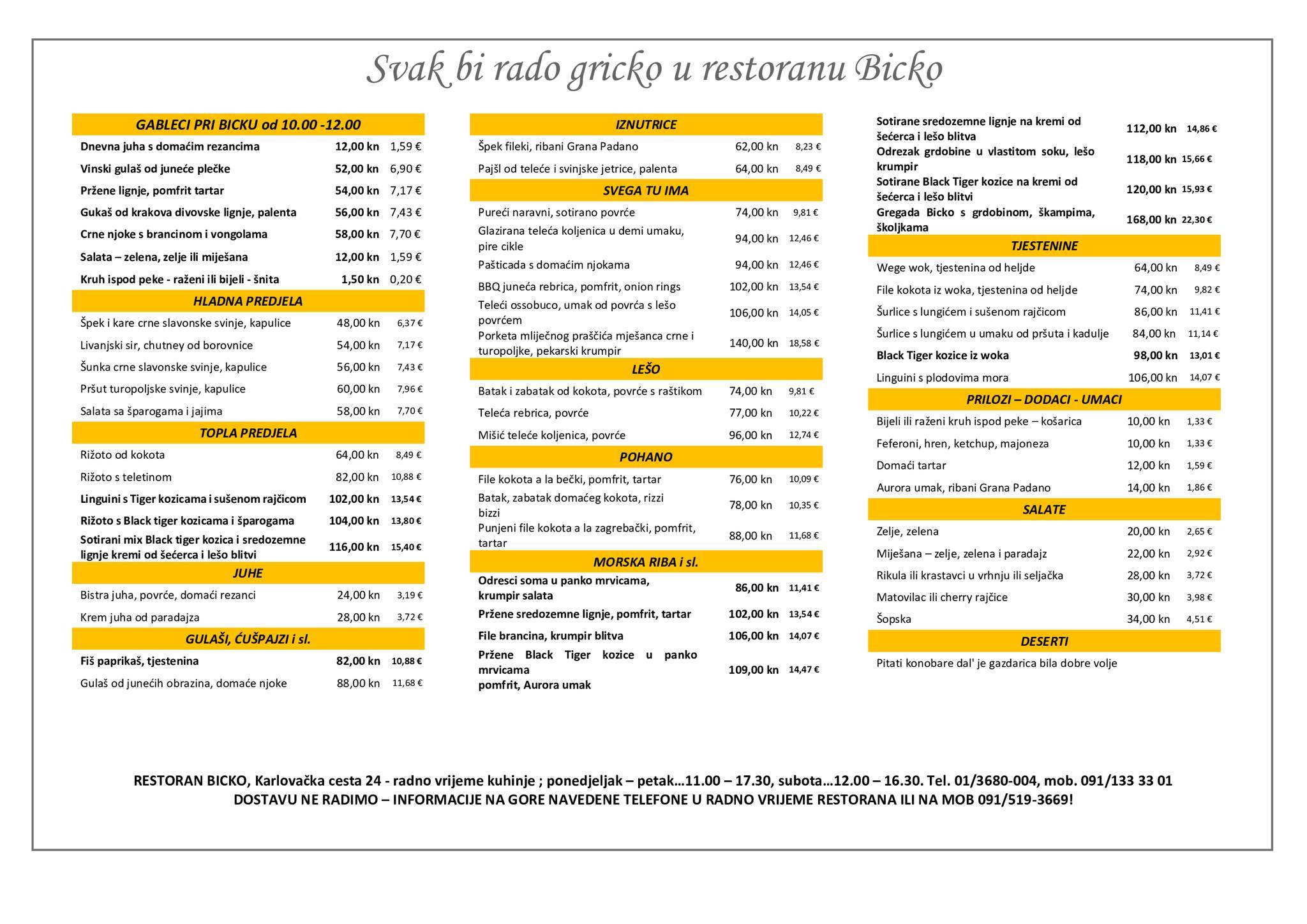 Menu at Bicko restaurant, Zagreb, Karlovačka cesta 24