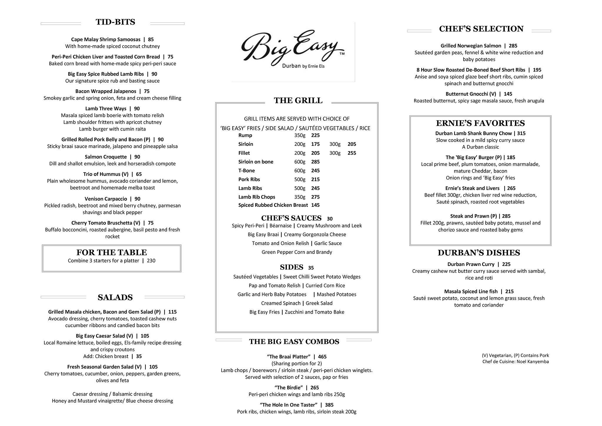 Menu at Big Easy Durban by Ernie Els steakhouse, Durban