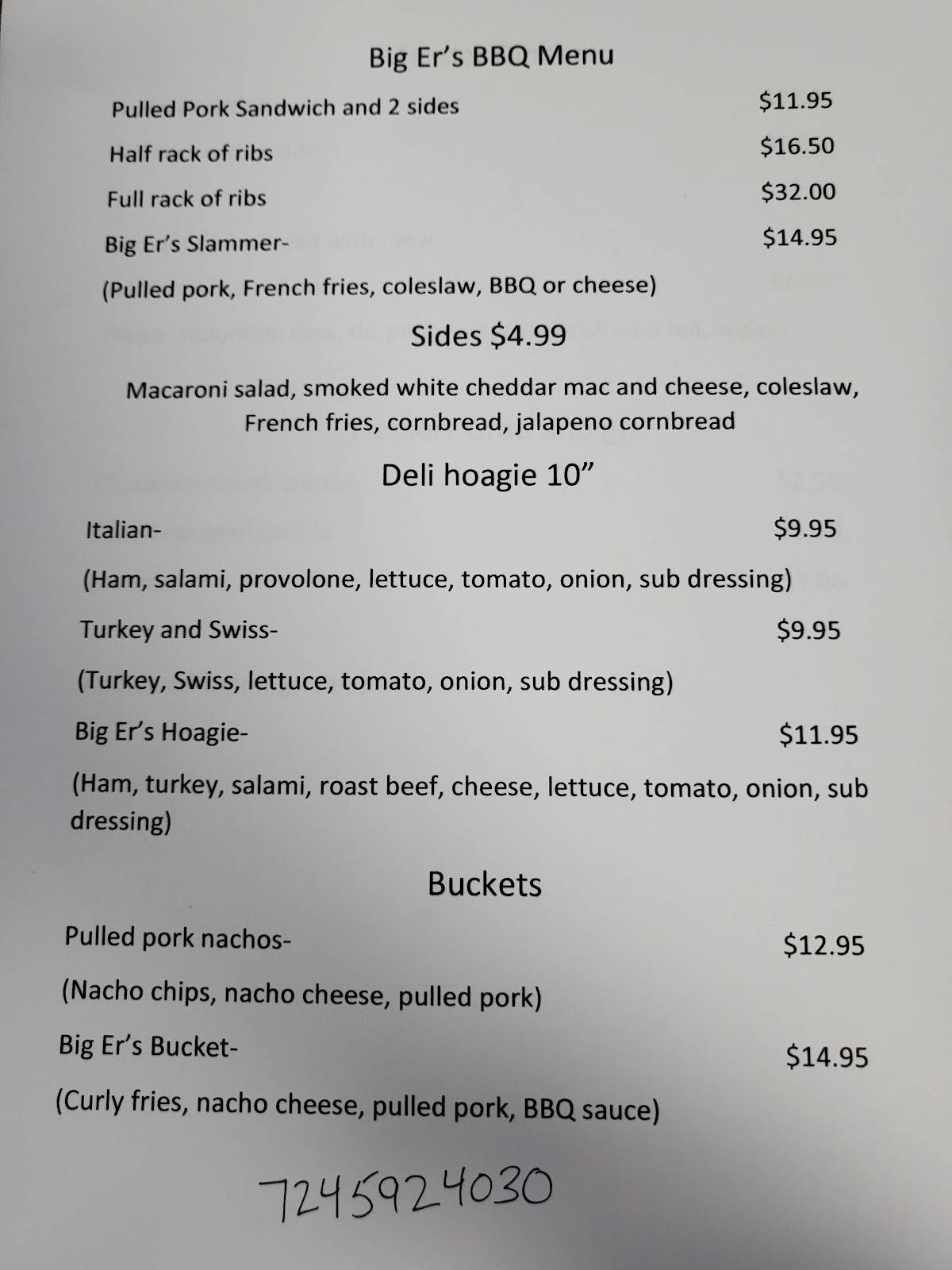 Menu at Big Er's BBQ, Rices Landing
