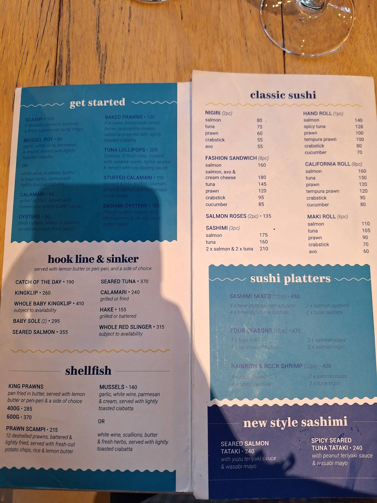 Menu at Big Fish restaurant, Umhlanga
