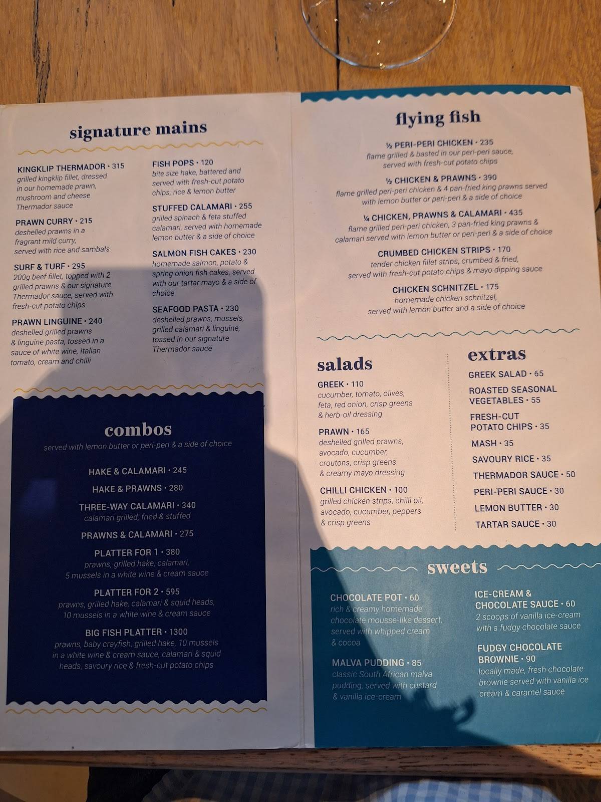 Menu at Big Fish restaurant, Umhlanga