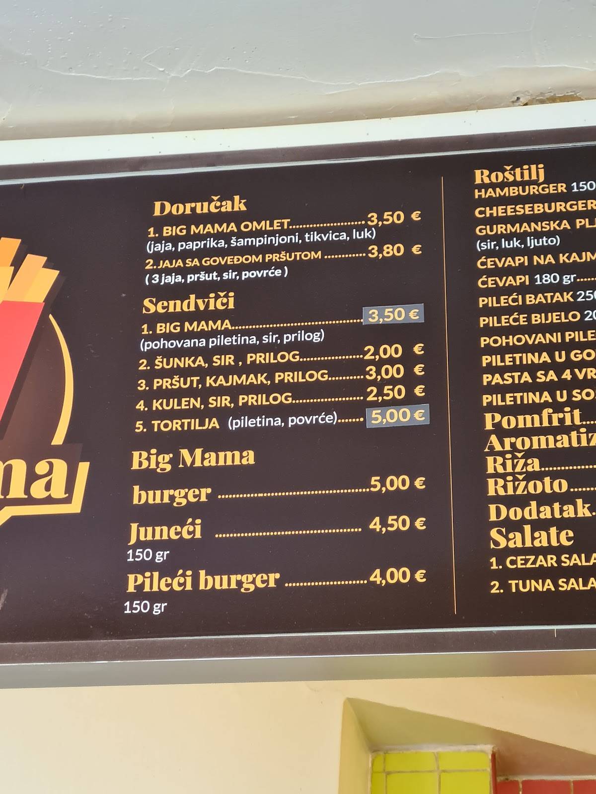 Menu at Big Mama Fast Food, Budva