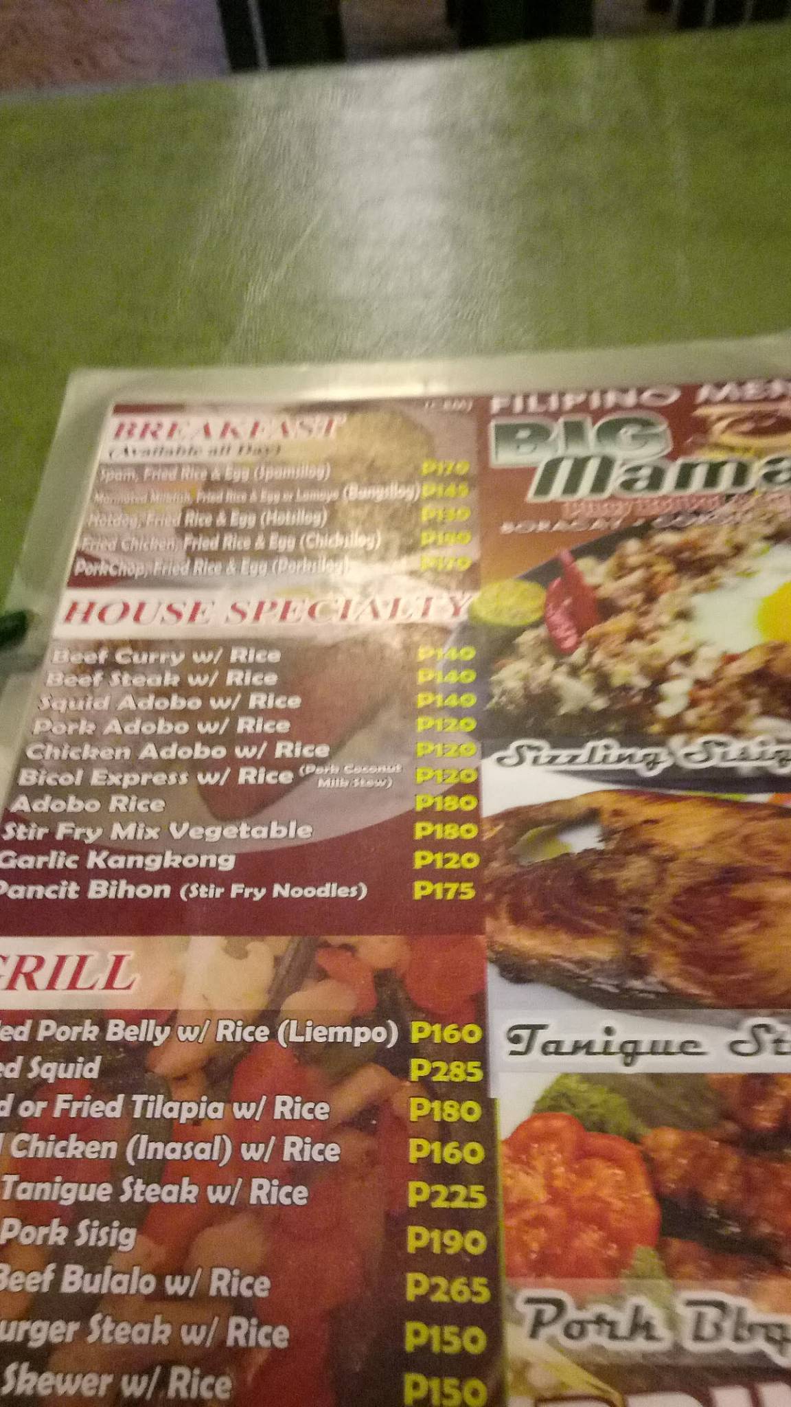 Menu at Big Mama's Pinoy Hot Pot & Grill restaurant, Coron