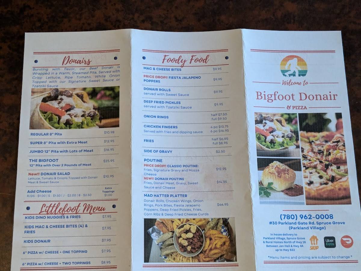 Menu at Bigfoot Donair & Horn pub, Spruce Grove