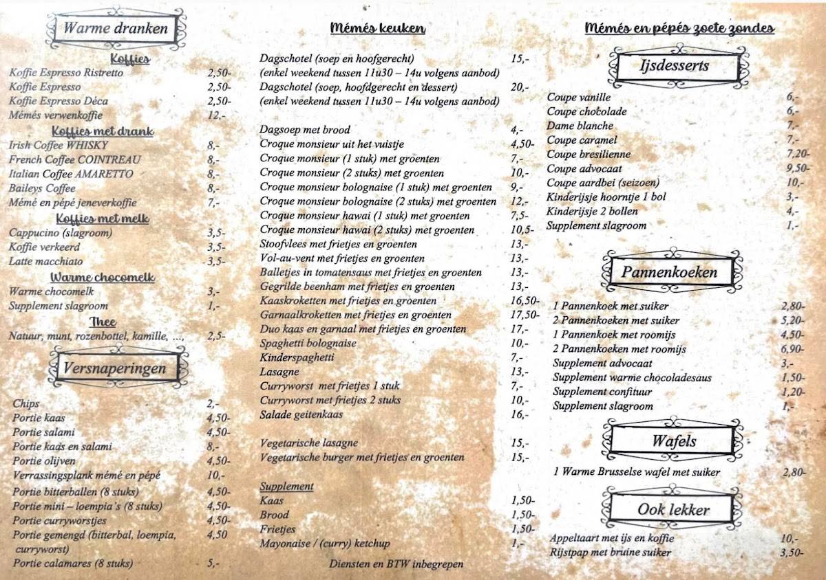 Menu at Bij Mémé en Pépé, Lebbeke