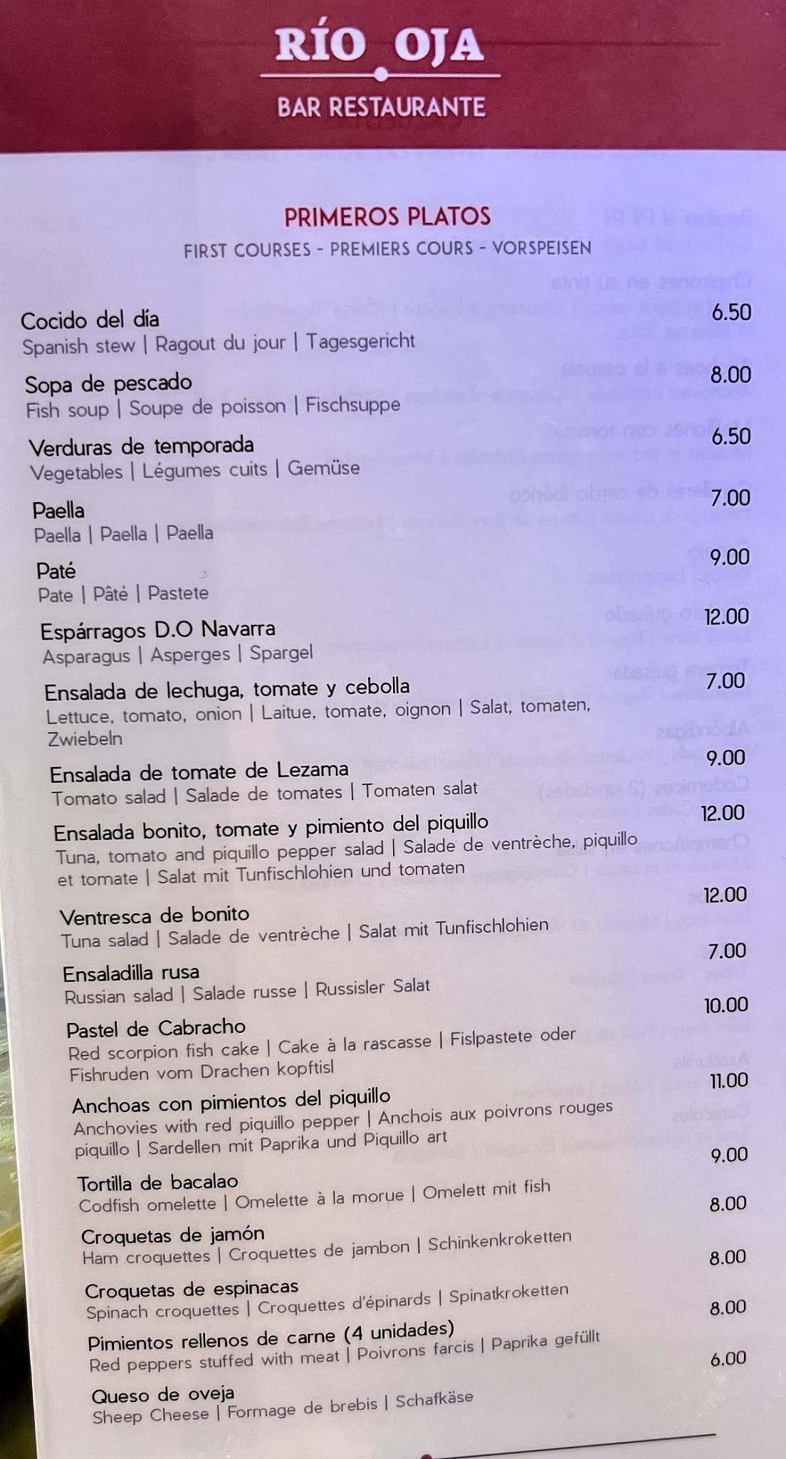 Menu at Rio-Oja Restaurant, Bilbao