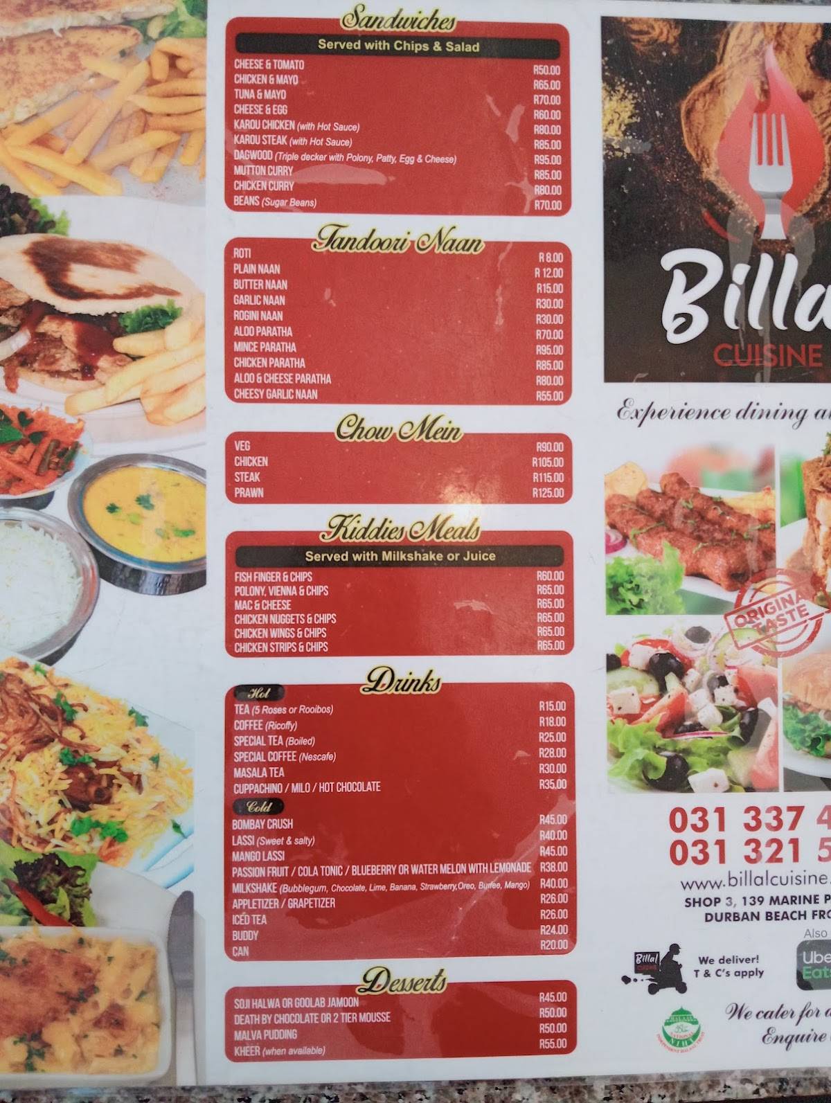 Menu at Billal Cuisine North Beach Branch restaurant, Durban