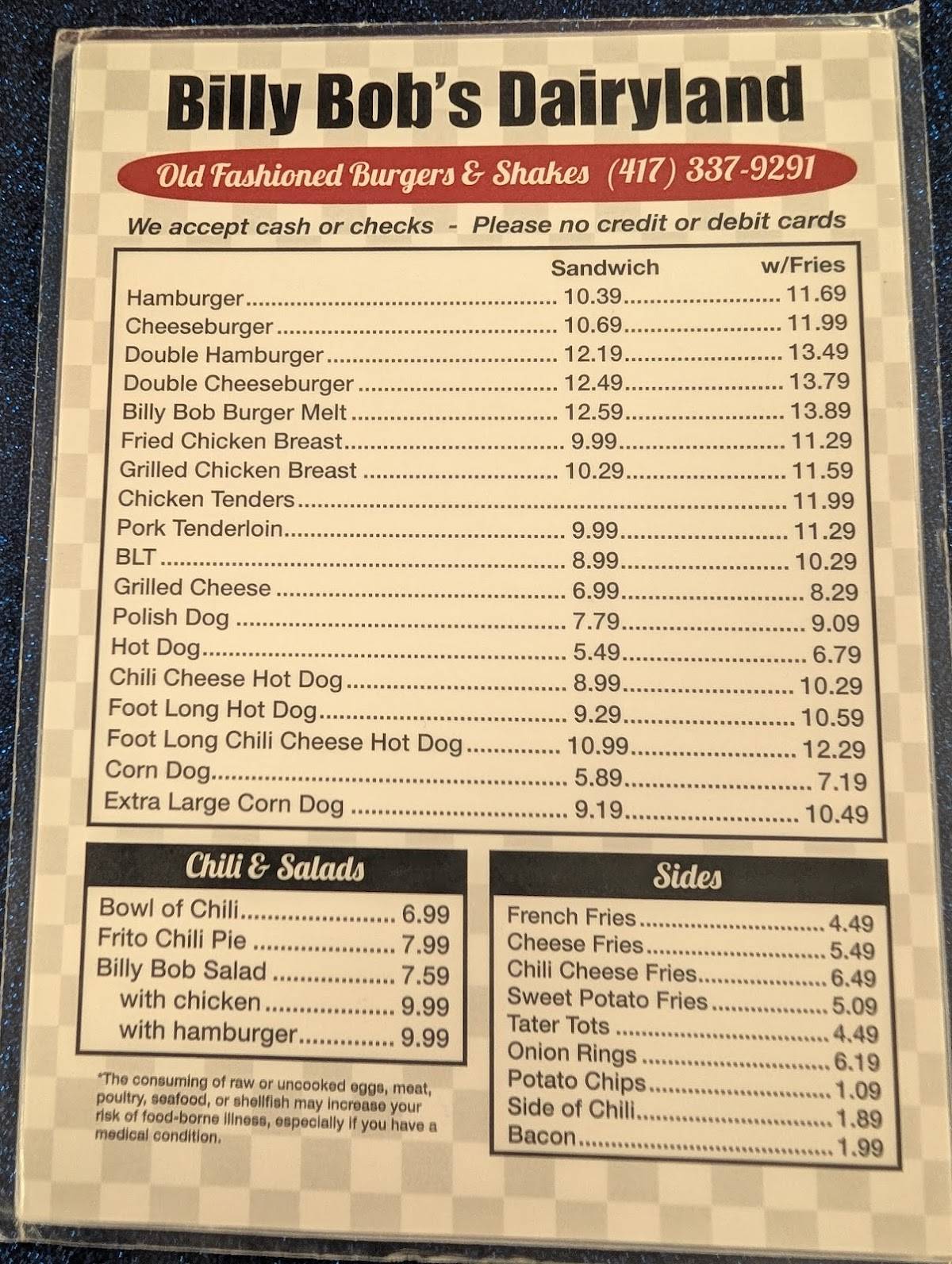Menu at Billy Bob's Dairy Land restaurant, Branson, W 76 Country Blvd