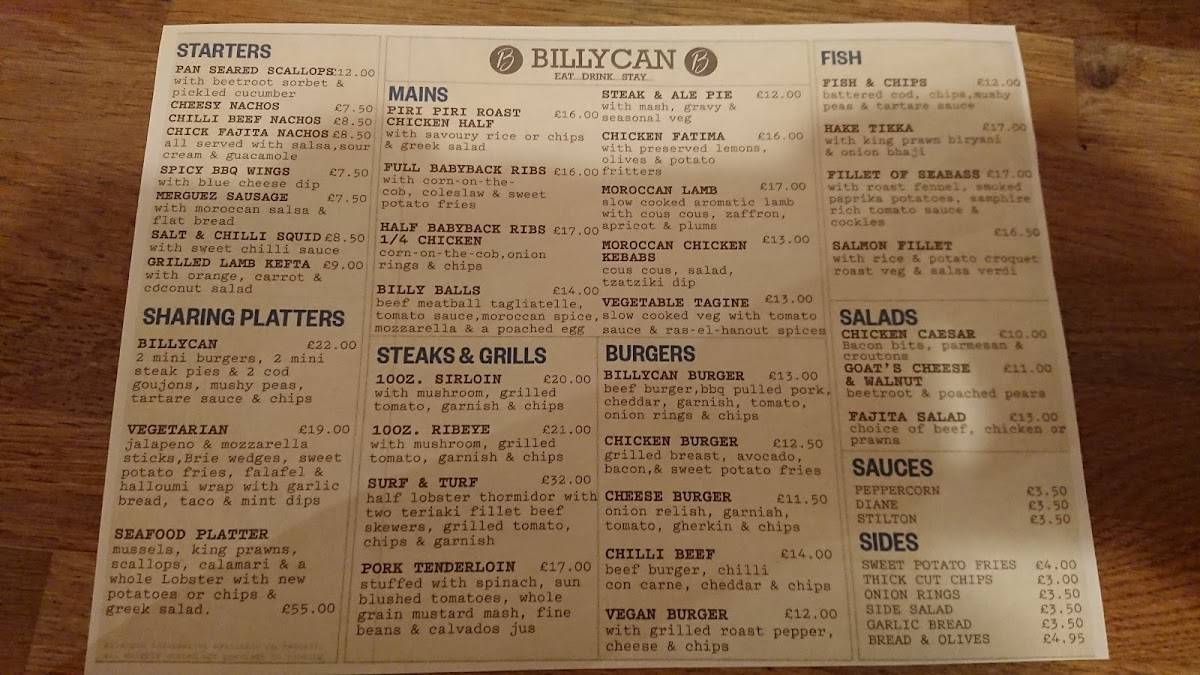Menu at Billycan pub & bar, Tenby