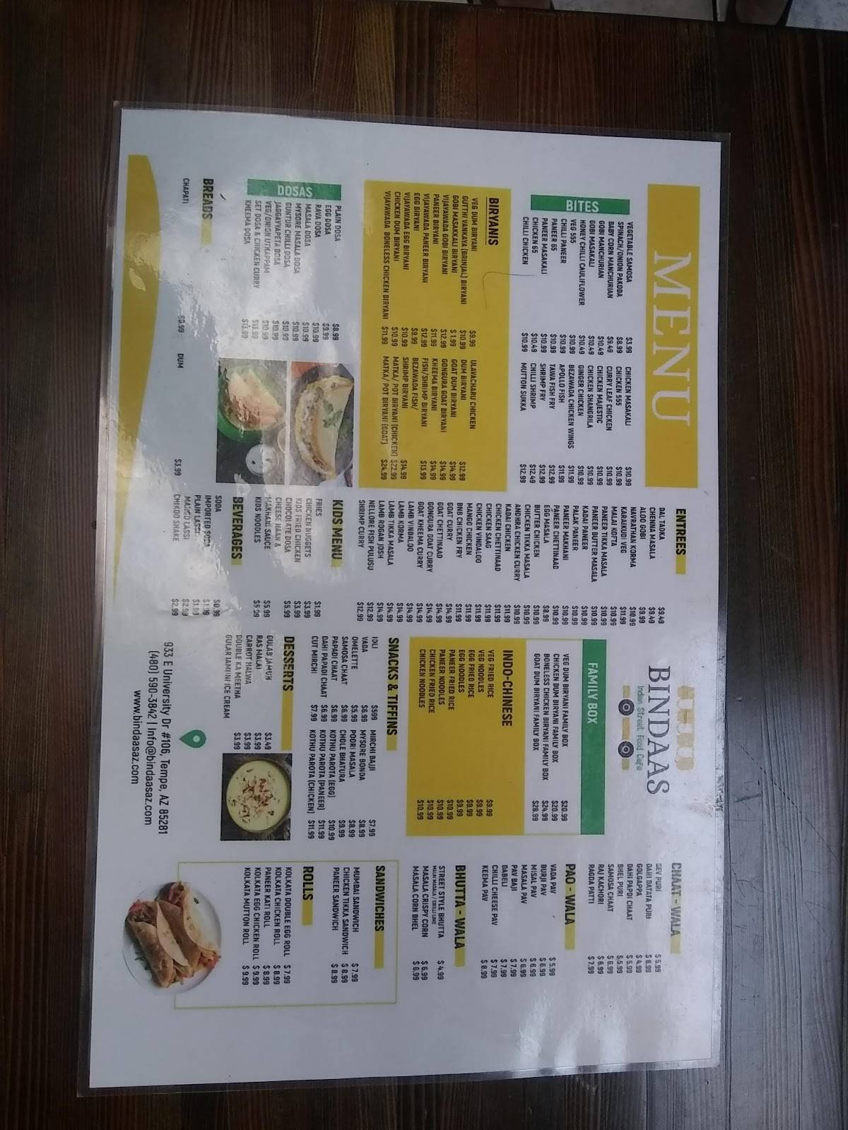 Menu at Bindaas Indian Street Food Cafe, Tempe