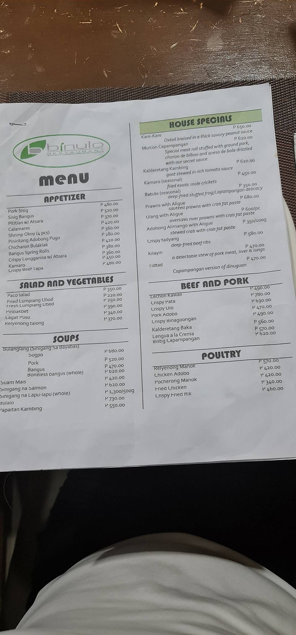 Menu at Binulo Restaurant, Angeles, Bldg. 6410-6413