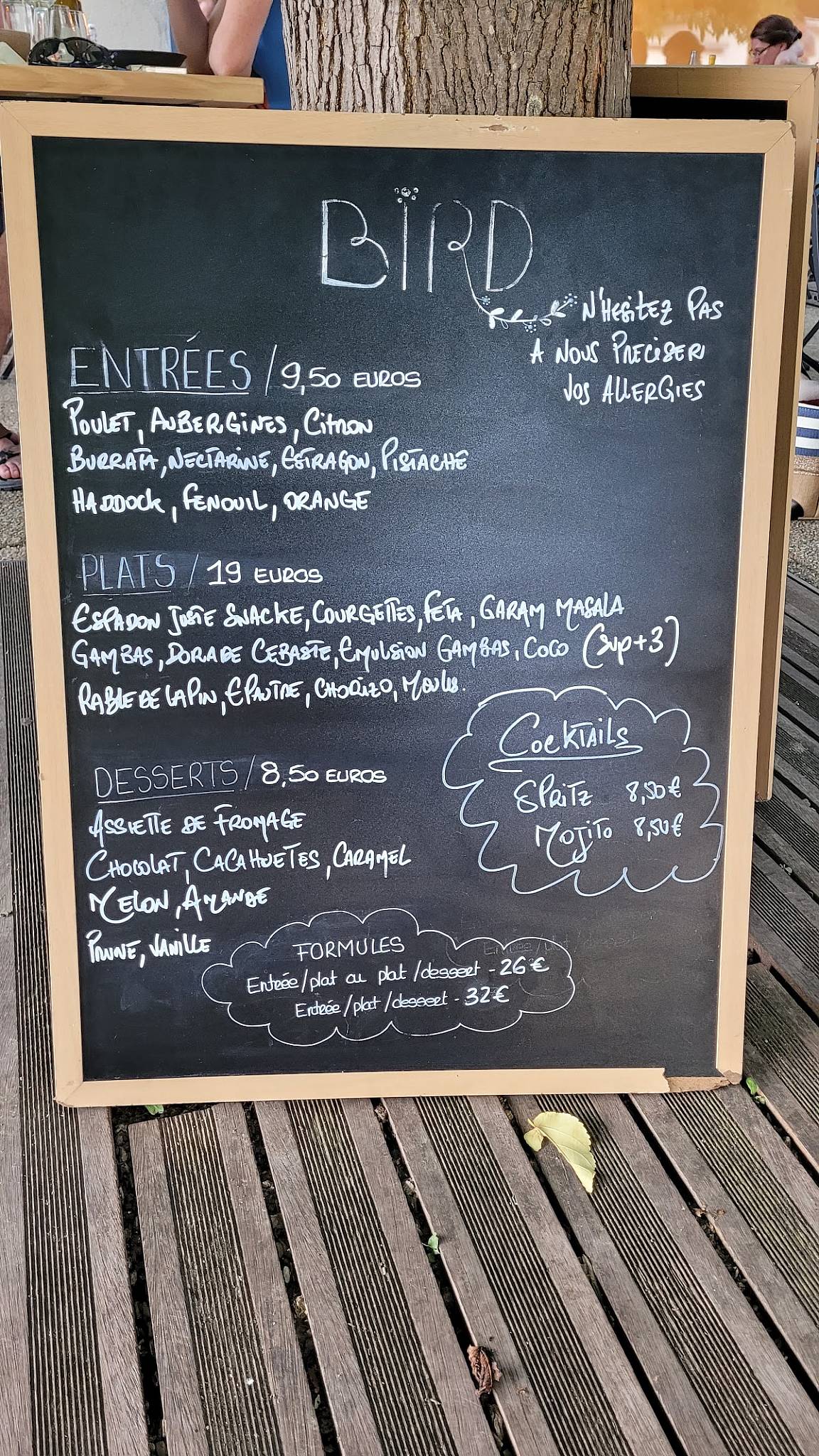 Menu au Bird restaurant, Yerres