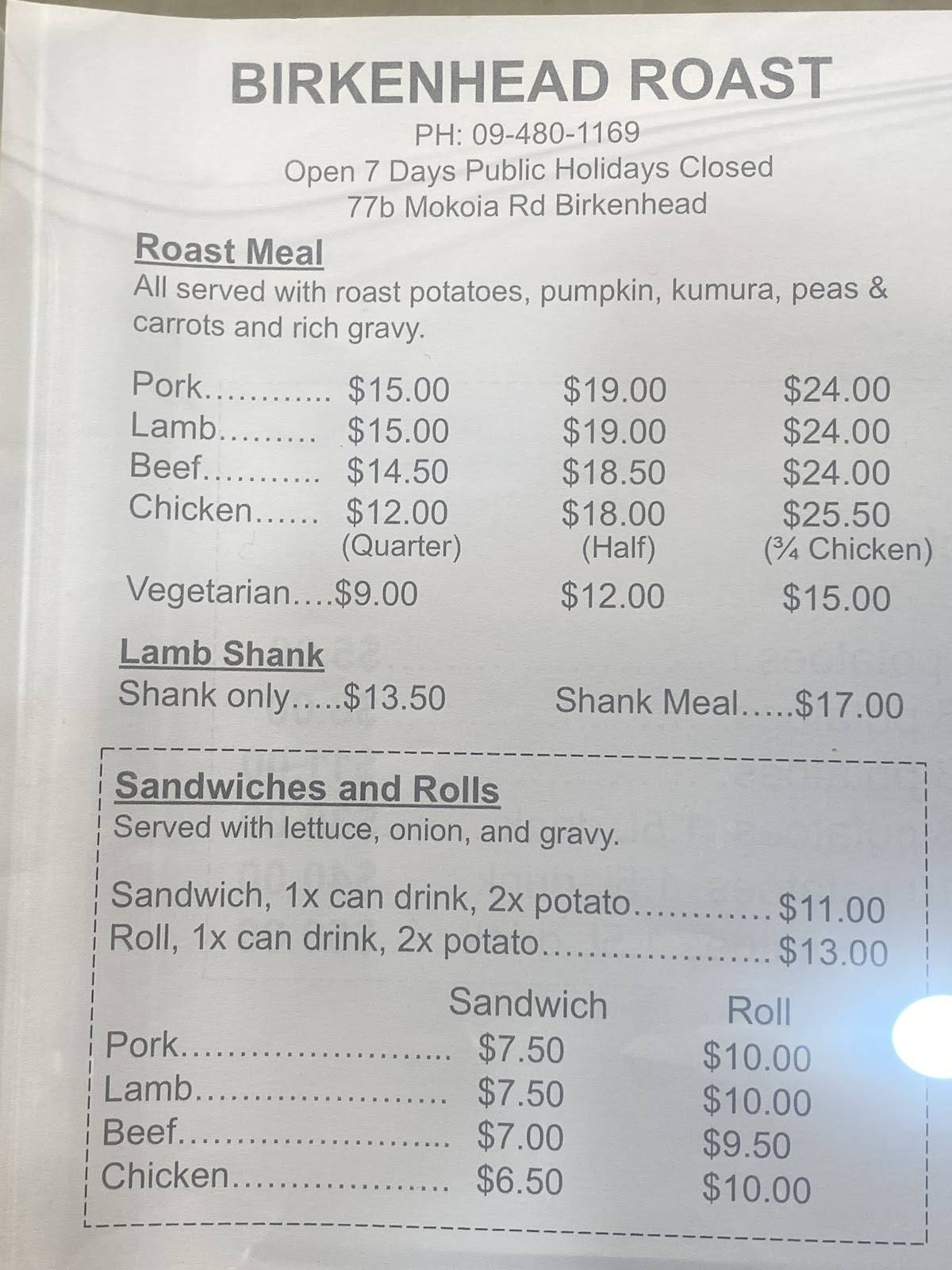 Menu at Birkenhead Roast restaurant, Auckland