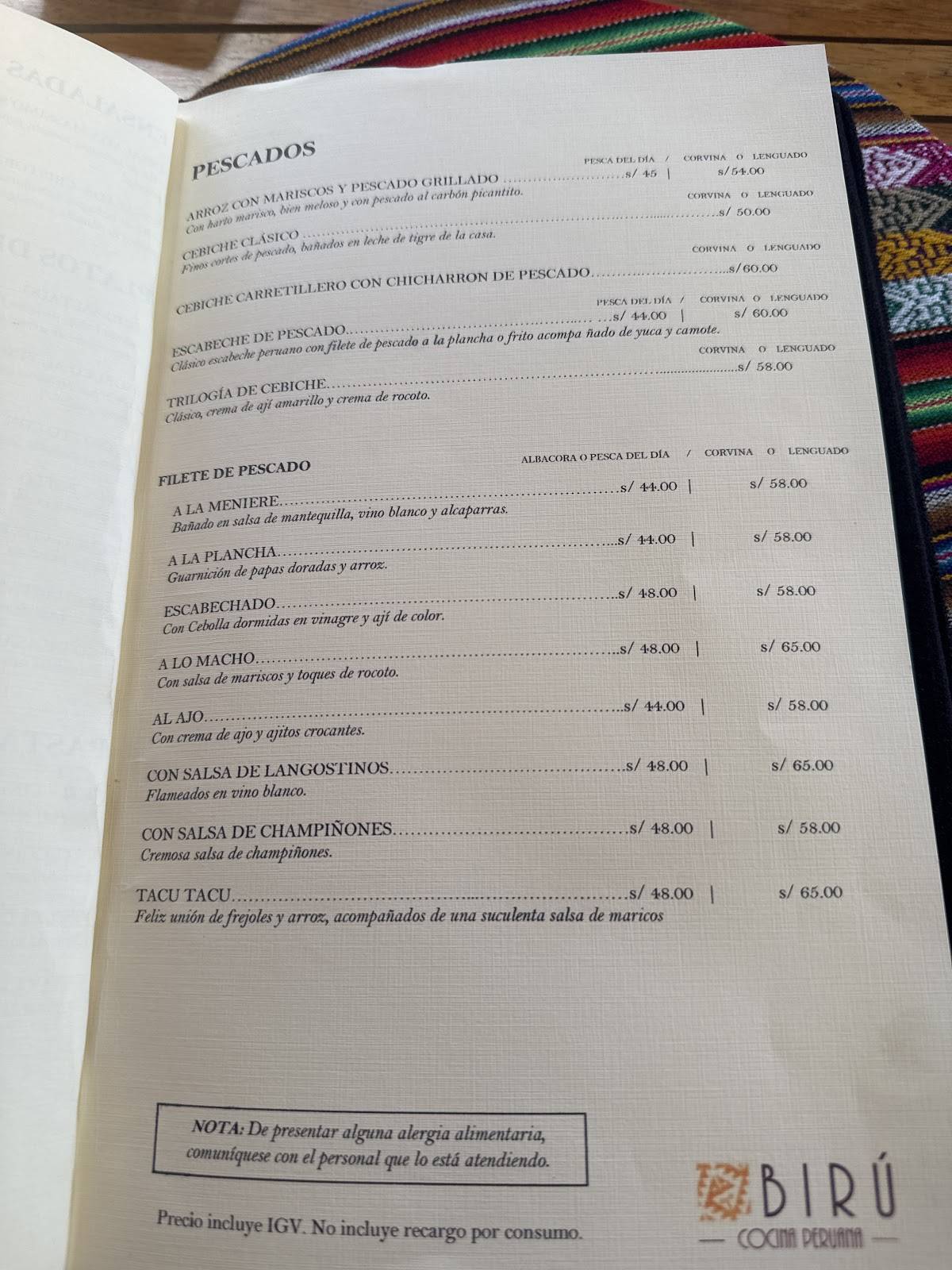 Carta del restaurante Biru, Tacna