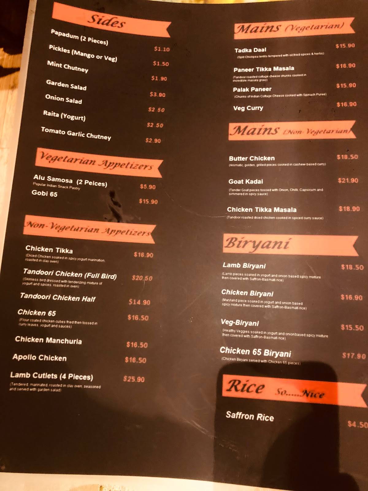 Menu at Biryani Place restaurant, West End