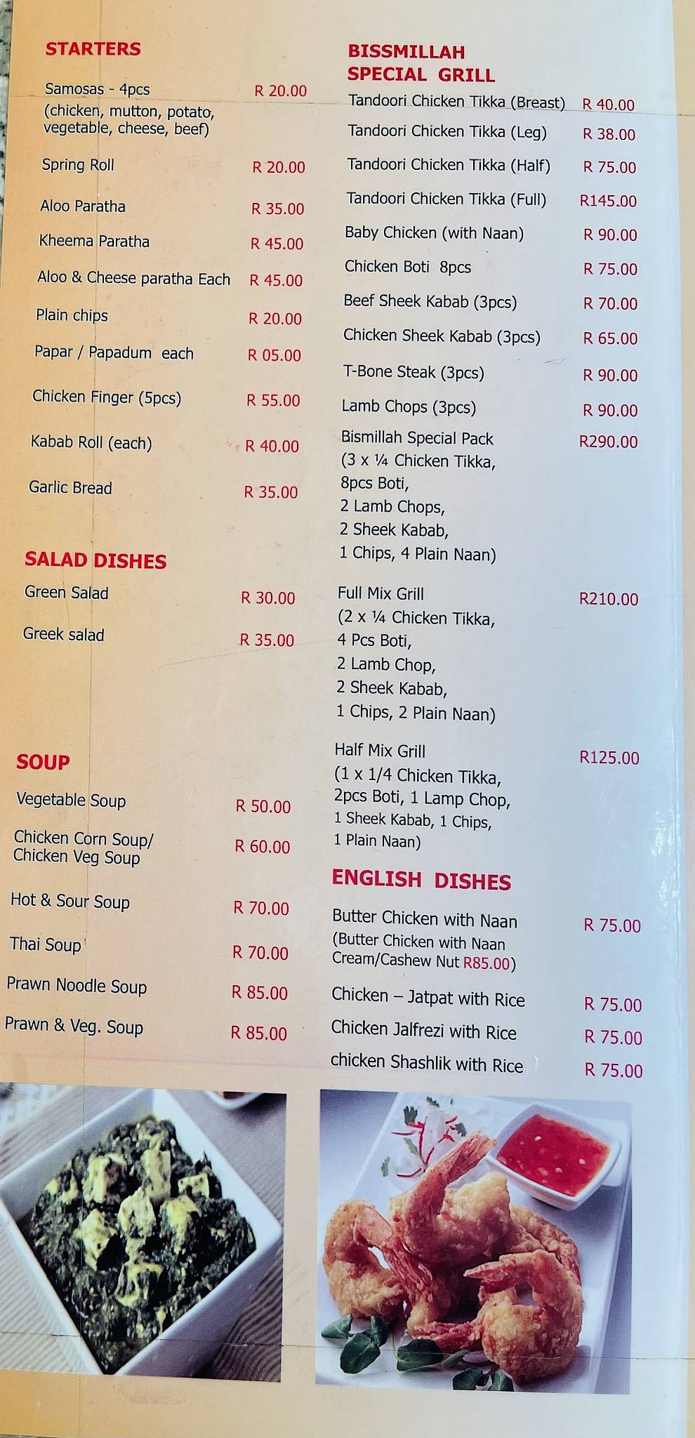 Carta de Bismillah Restaurant, Lenasia South, Ennerdale