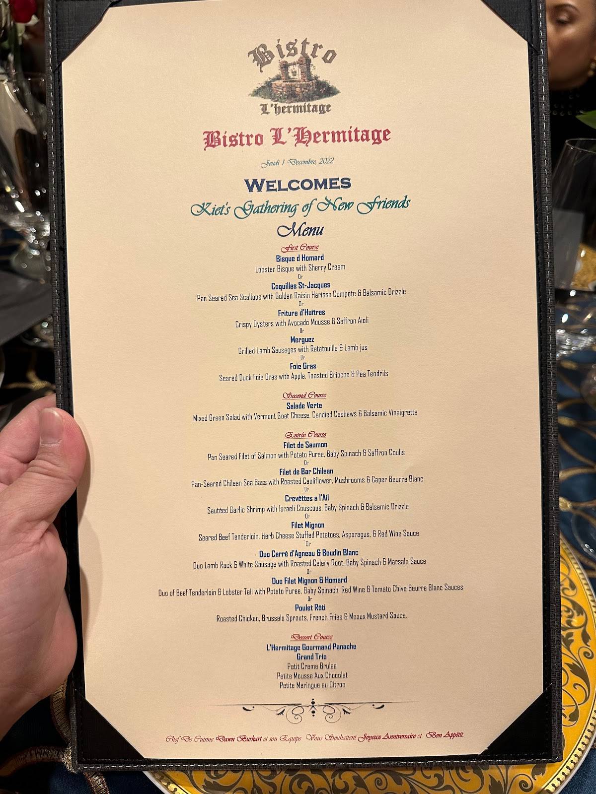 Menu at Bistro L'Hermitage restaurant, Woodbridge