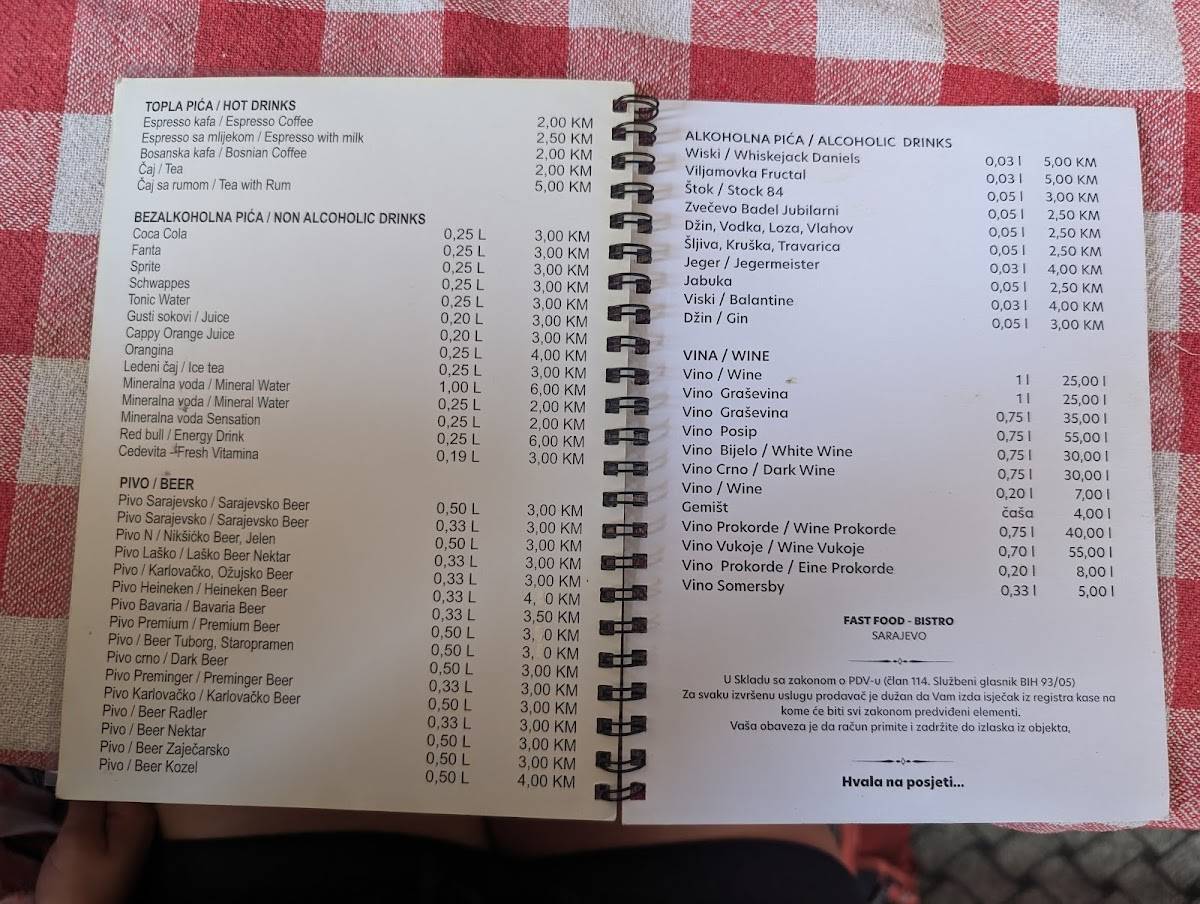 Menu at Bistro Sami restaurant, Sarajevo