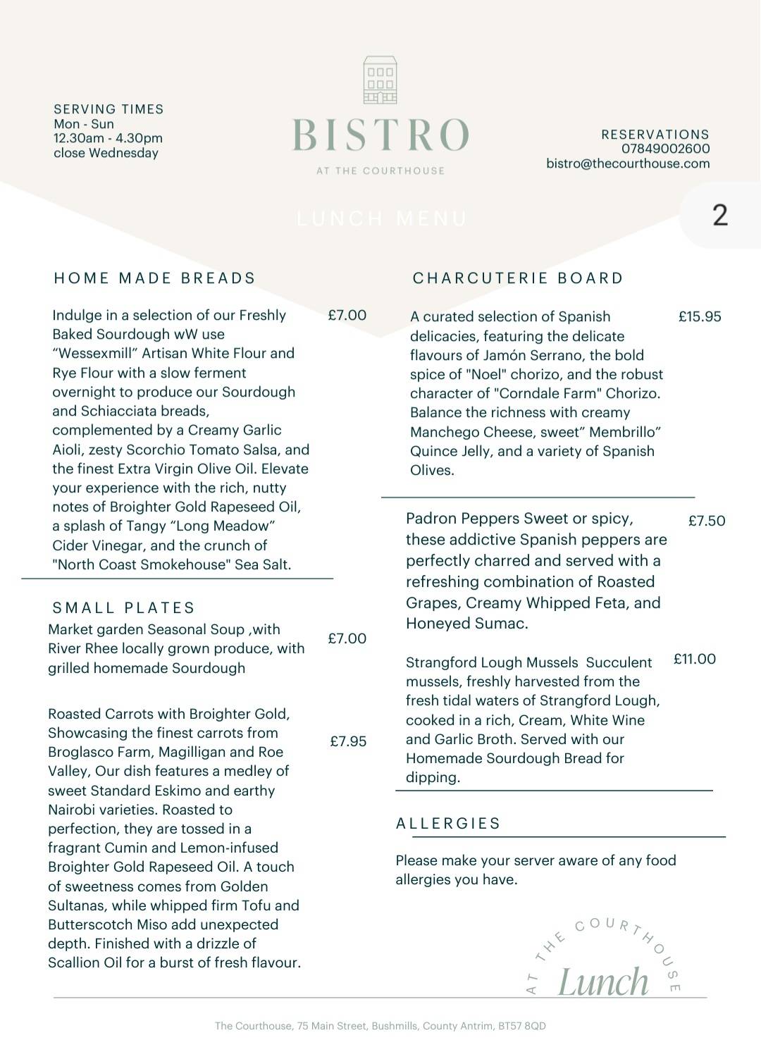 Menu at Bistro at the Courthouse pub & bar, Portrush
