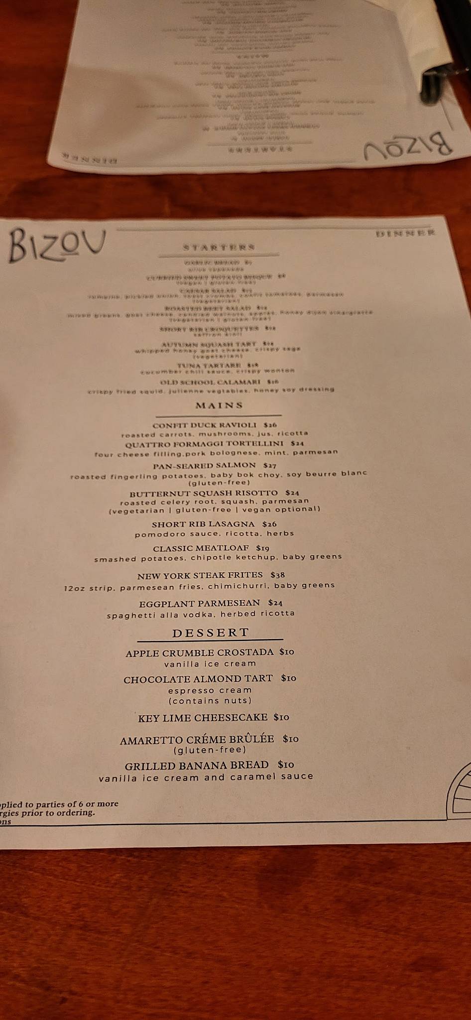 Menu at Bizou pub & bar, Charlottesville