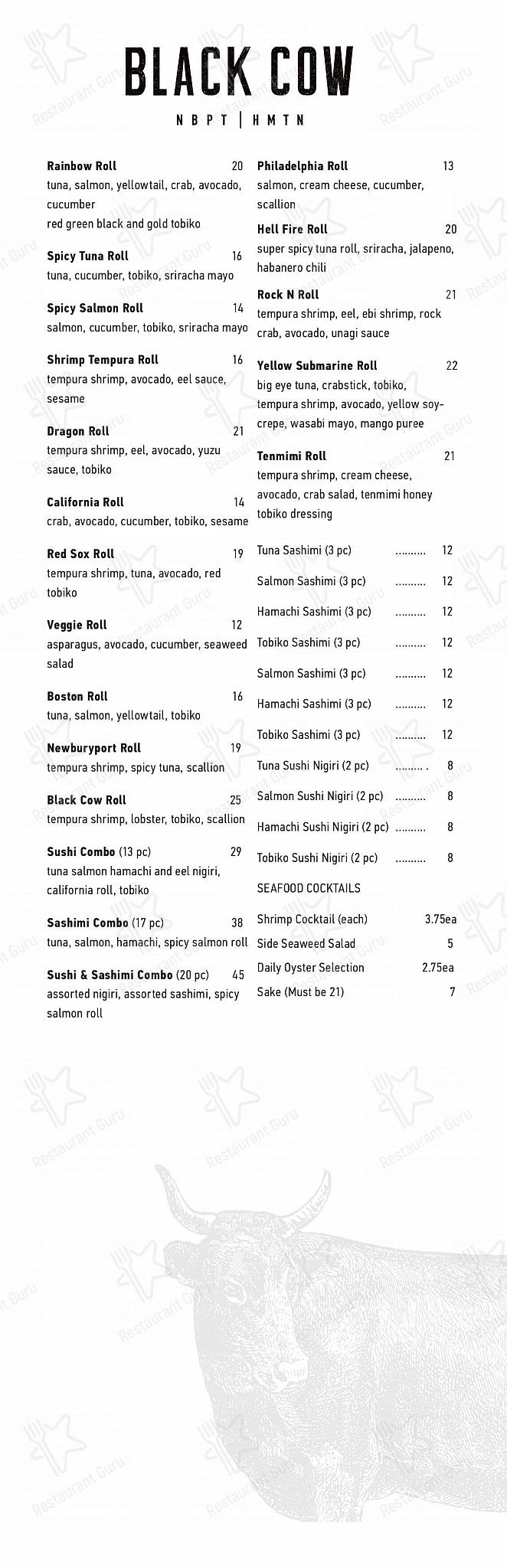 Menu at Black Cow restaurant, Newburyport