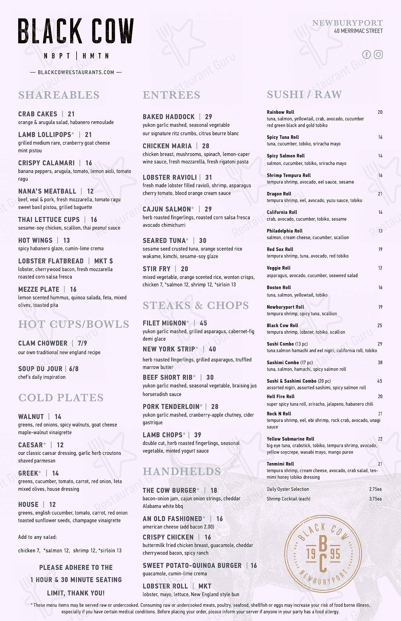 Menu at Black Cow restaurant, Newburyport
