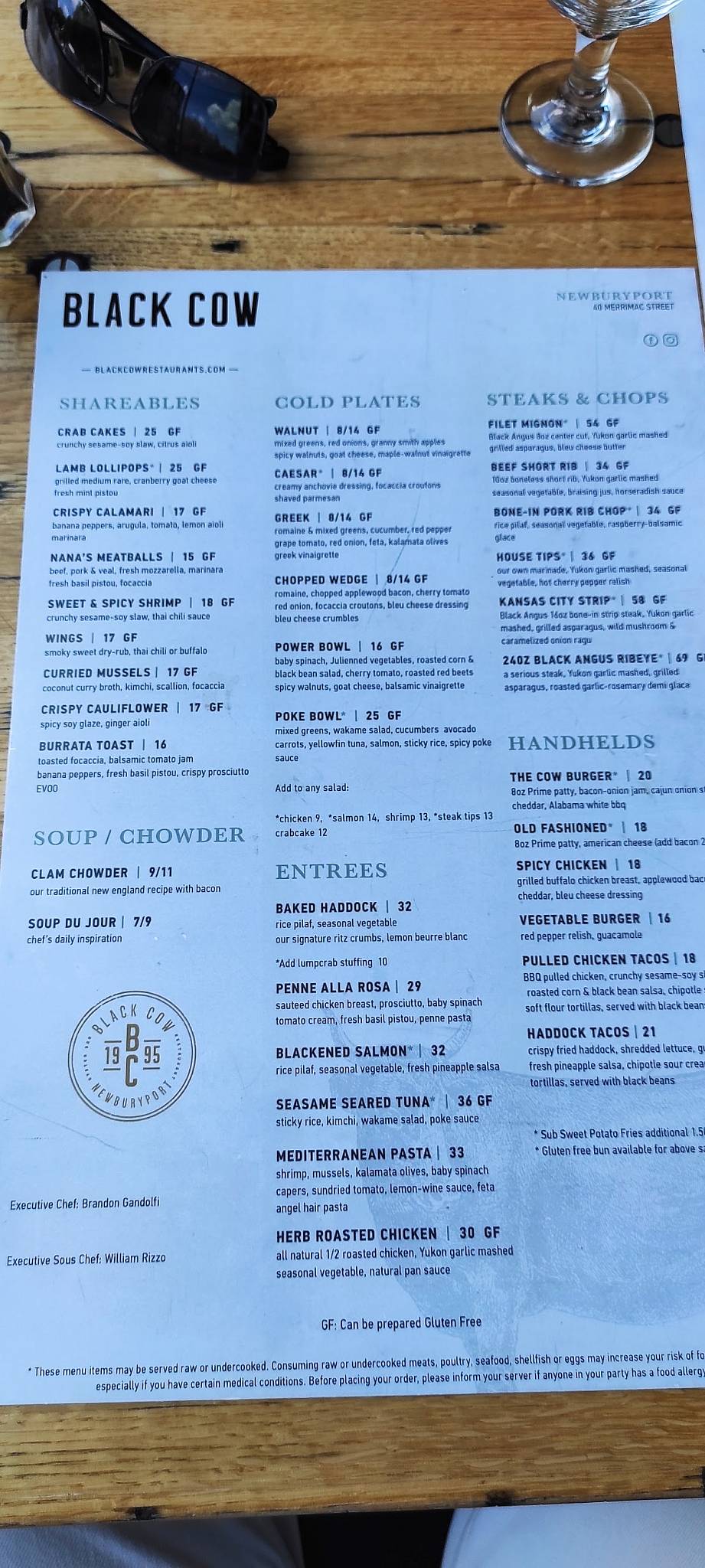 Menu at Black Cow restaurant, Newburyport